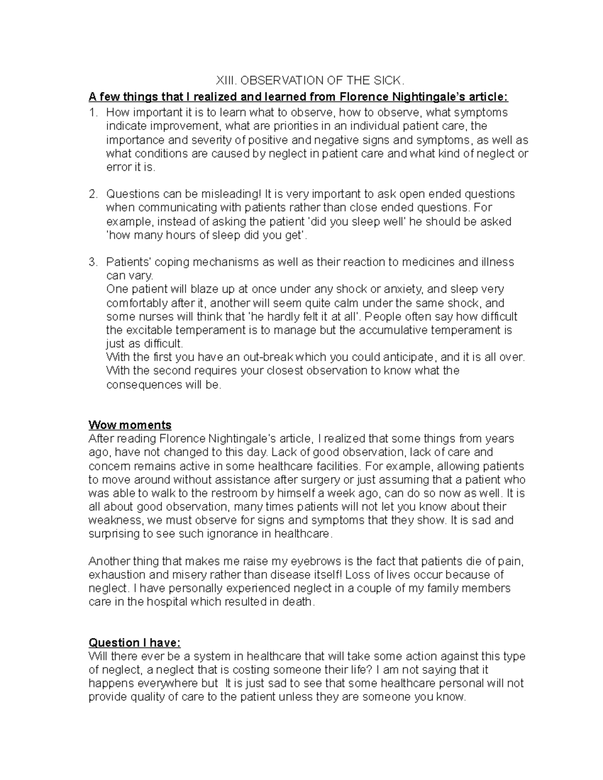 Florence Nightingale- Assignment - XIII. OBSERVATION OF THE SICK. A few ...