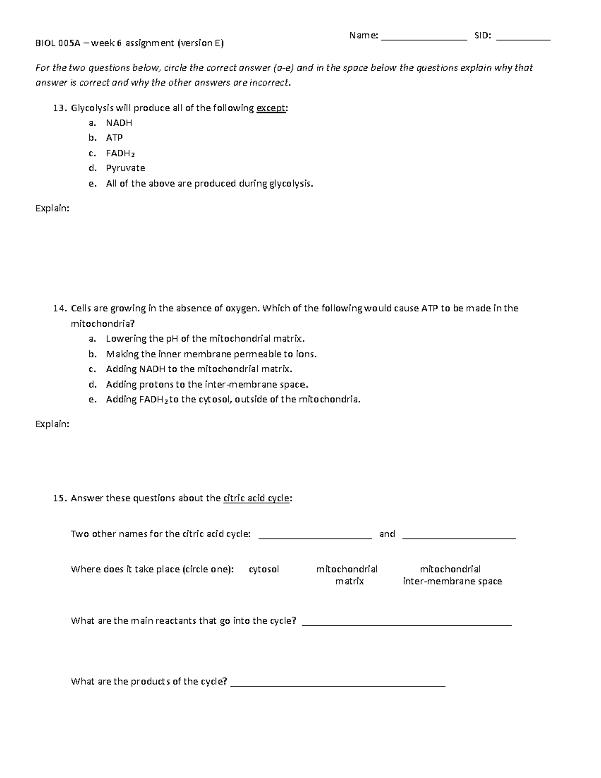 Bio 5A Week 6 Assignment - Version E - Name: ________________ SID ...