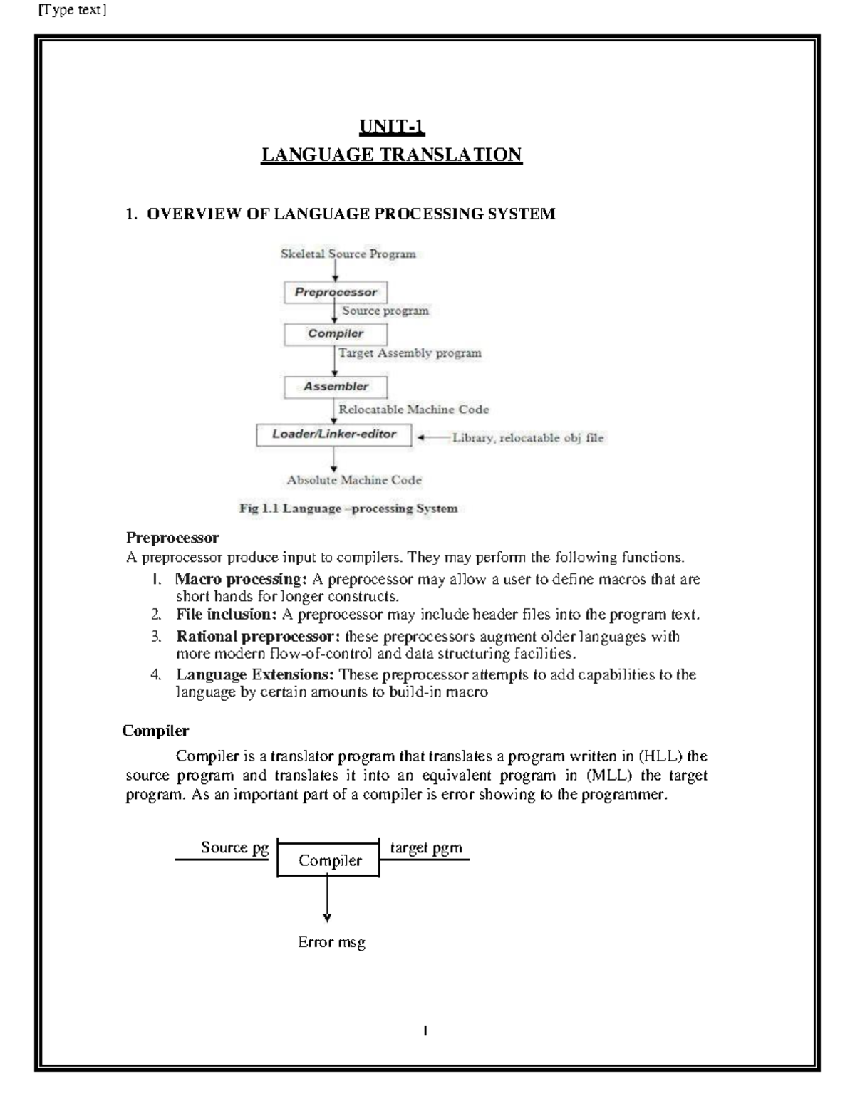 CD UNIT-I - keep it - UNIT- 1 LANGUAGE TRANSLATION 1. OVERVIEW OF ...