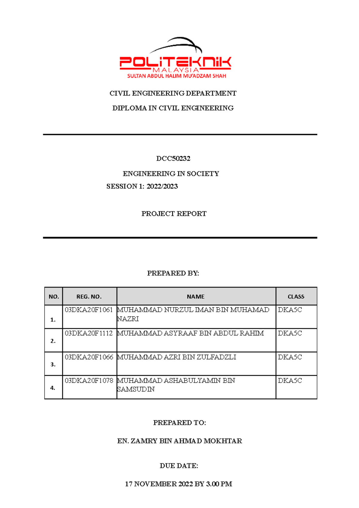 Project Report Eng In Society-Done - CIVIL ENGINEERING DEPARTMENT ...