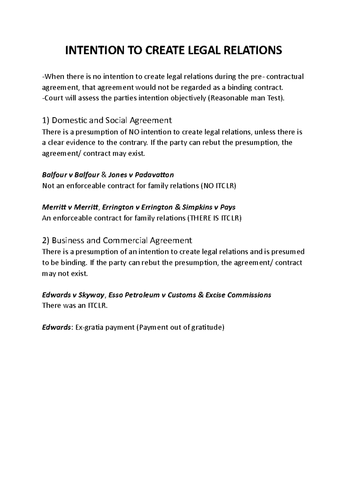 Intention to Create Legal Relations - INTENTION TO CREATE LEGAL ...