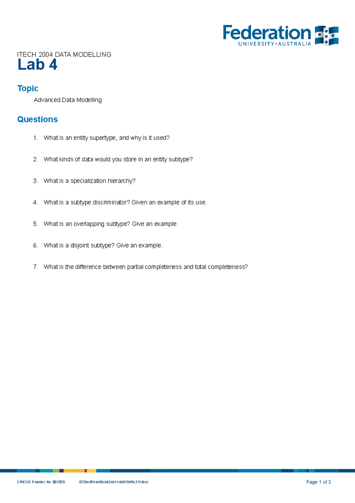 Itech 2004 2020 Lab4 - tutorials - ITECH 2004 DATA MODELLING Lab 4 Topic Advanced Data Modelling ...