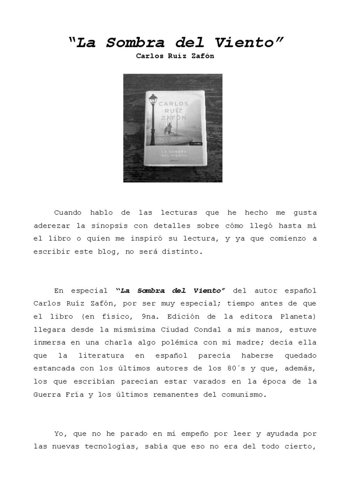 Reseña LA Sombra DEL Viento - “La Sombra del Viento” Carlos Ruíz Zafón ...