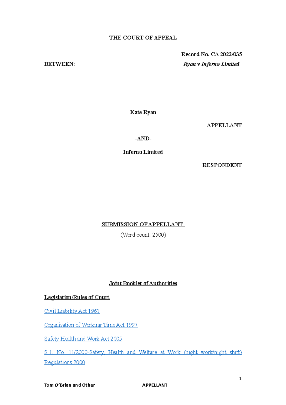 Written Submission Example LW159 - THE COURT OF APPEAL Record No. CA ...