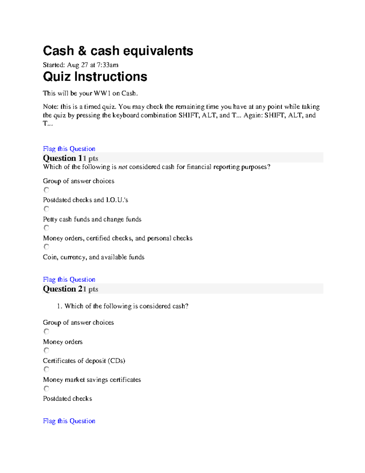 Cash - Lecture notes about Cash - Cash & cash equivalents Started: Aug ...