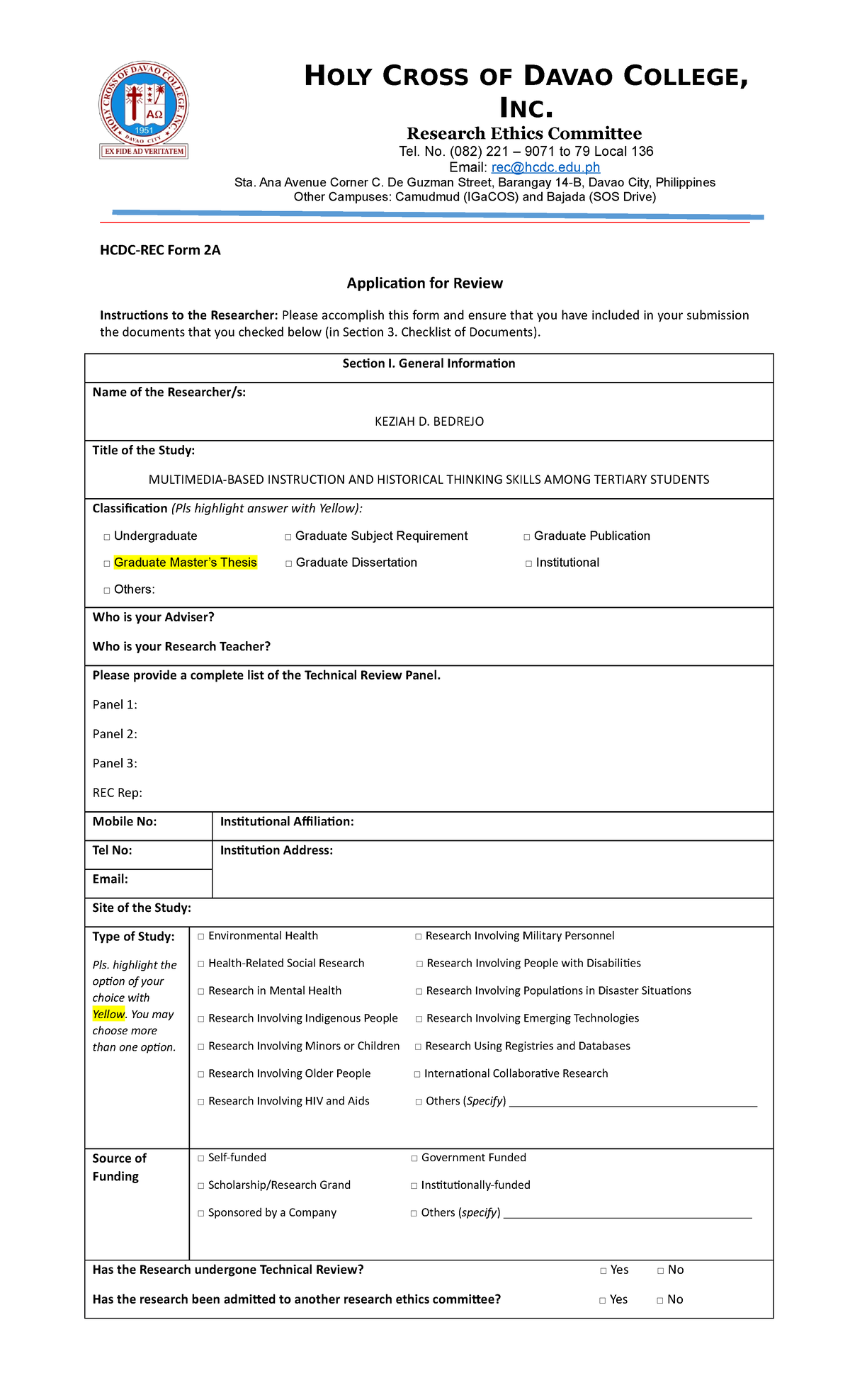 Form 2A Application for Review Form - HOLY CROSS OF DAVAO COLLEGE, INC ...