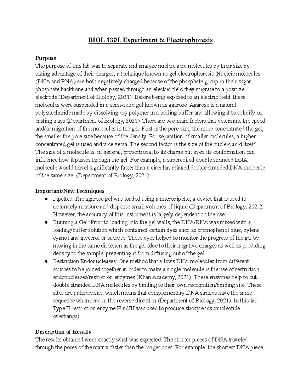 BIOL 130L Experiment 6 Electrophoresis - Chem 123 - UWaterloo - Studocu