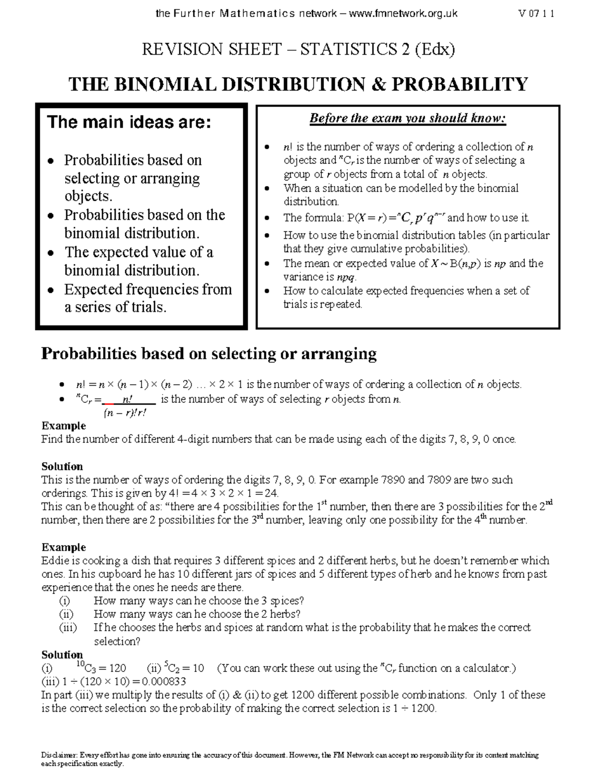Edexcel S2 Revision Sheets - REVISION SHEET – STATISTICS 2 (Edx) THE ...