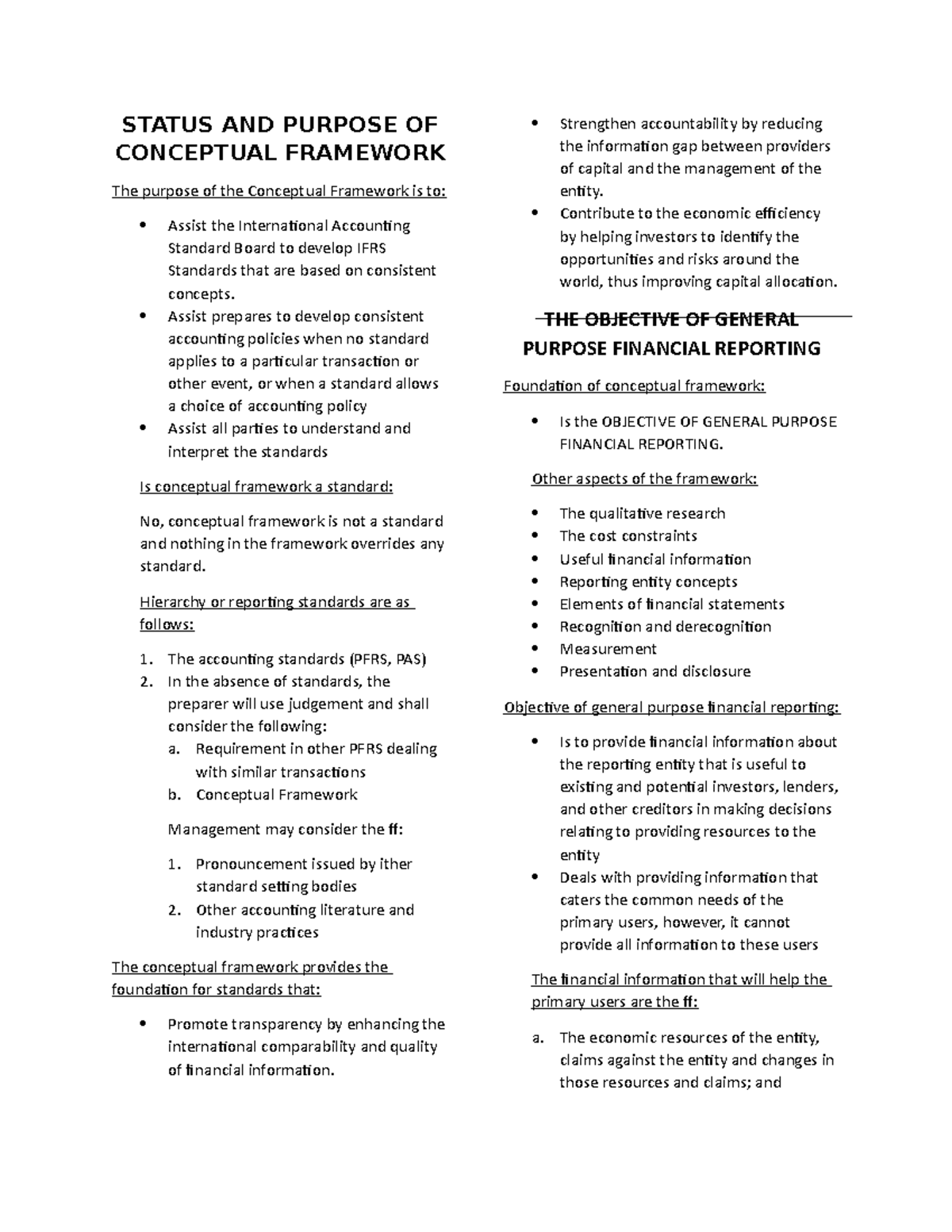 CFAS Conceptiual Framework- dela cruz - STATUS AND PURPOSE OF CONCEPTUAL FRAMEWORK The purpose ...