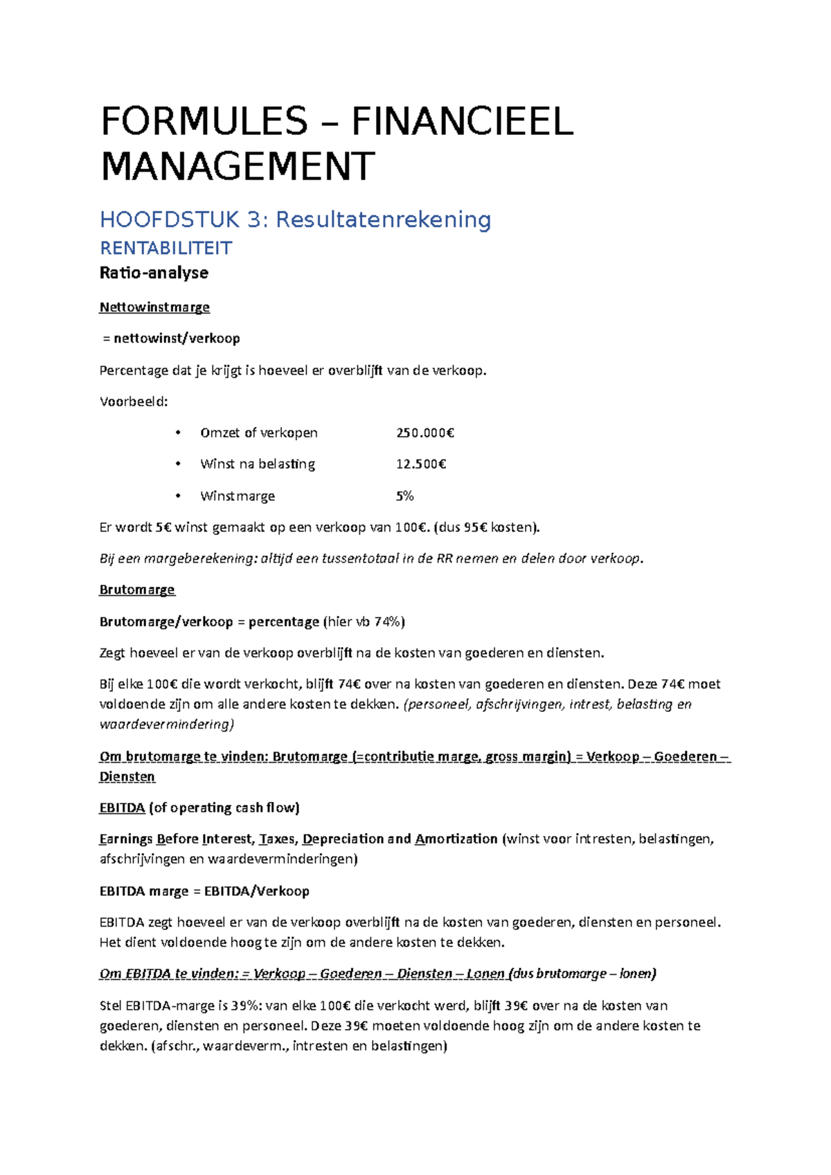 Formules financieel management (ratio's) hoofdstuk 3&4 - FORMULES ...