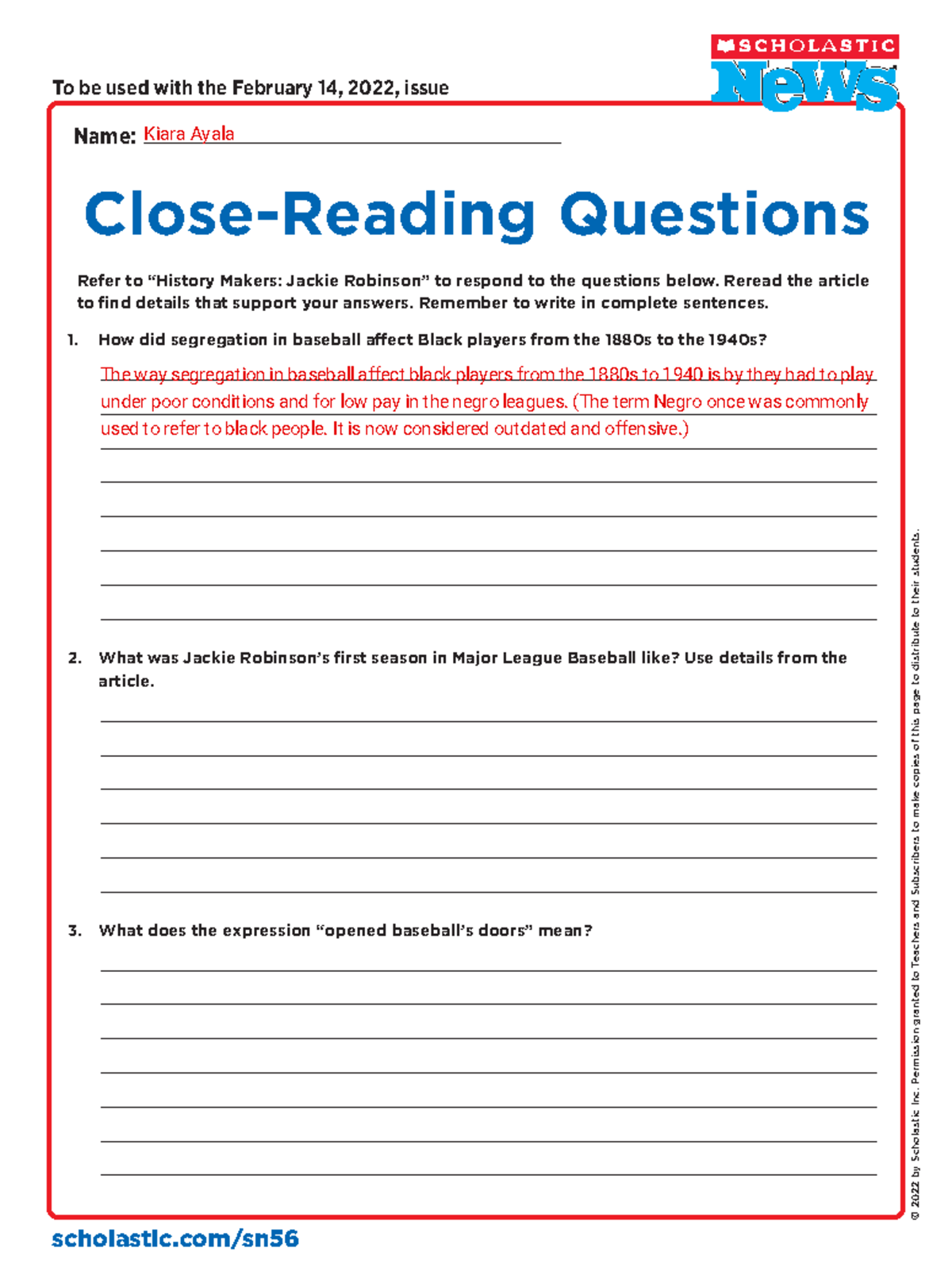 SN5-021422-skill-Jackie Robinson - © 2022 by Scholastic Inc. Permission ...