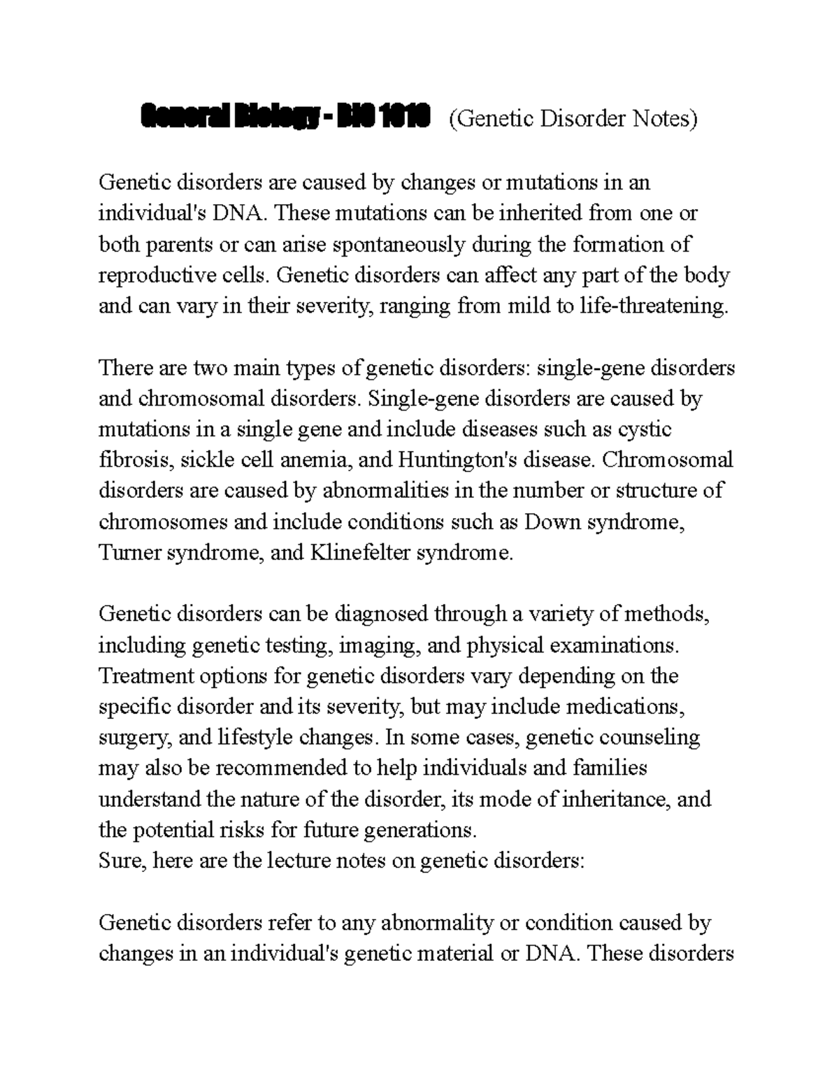 BIO - Genetic Disorder Notes - General Biology - BIO 1010 (Genetic ...