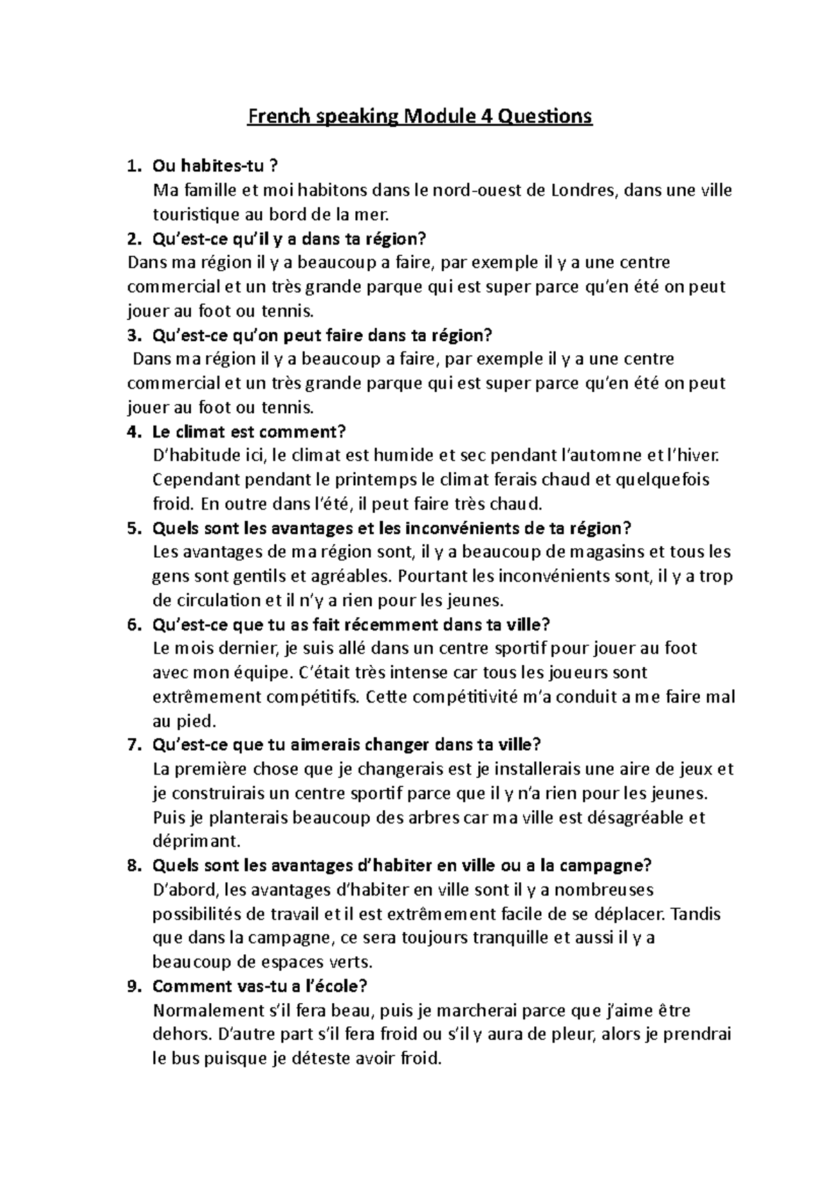 French Speaking Module 4 Questions French Speaking Module 4 Questions