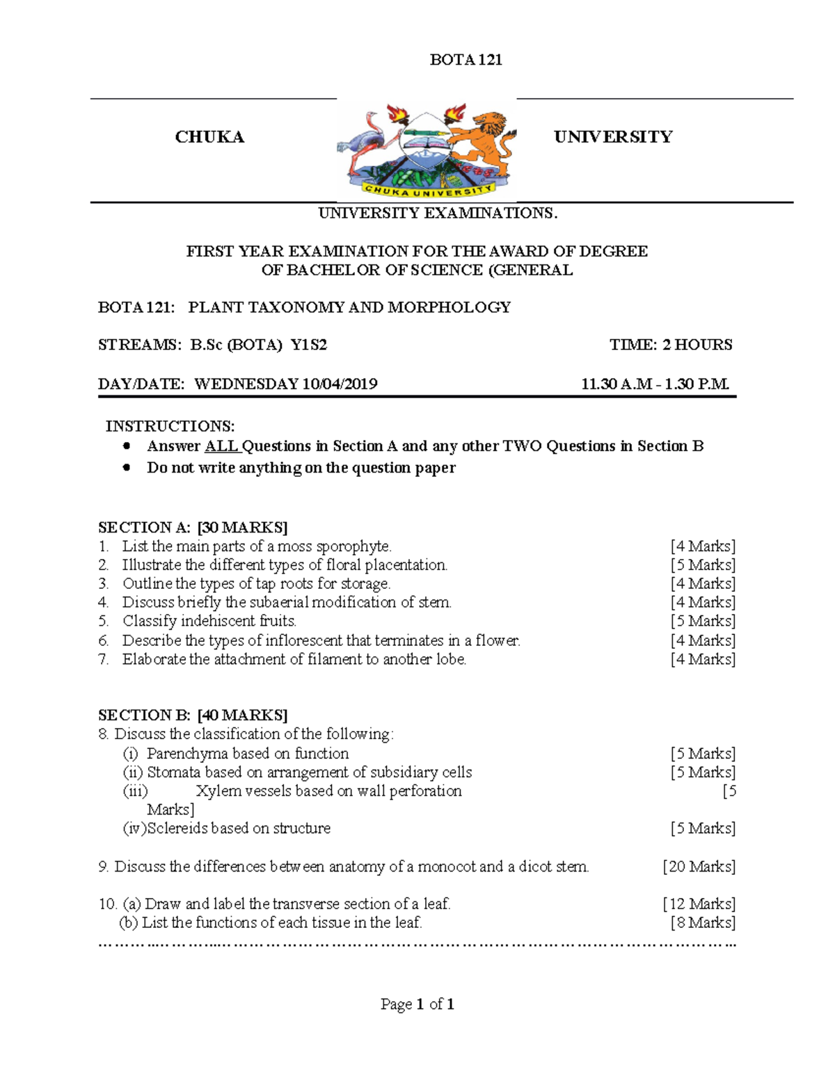 BOTA 121 - Lecture Notes - BOTA 121 CHUKA UNIVERSITY UNIVERSITY ...