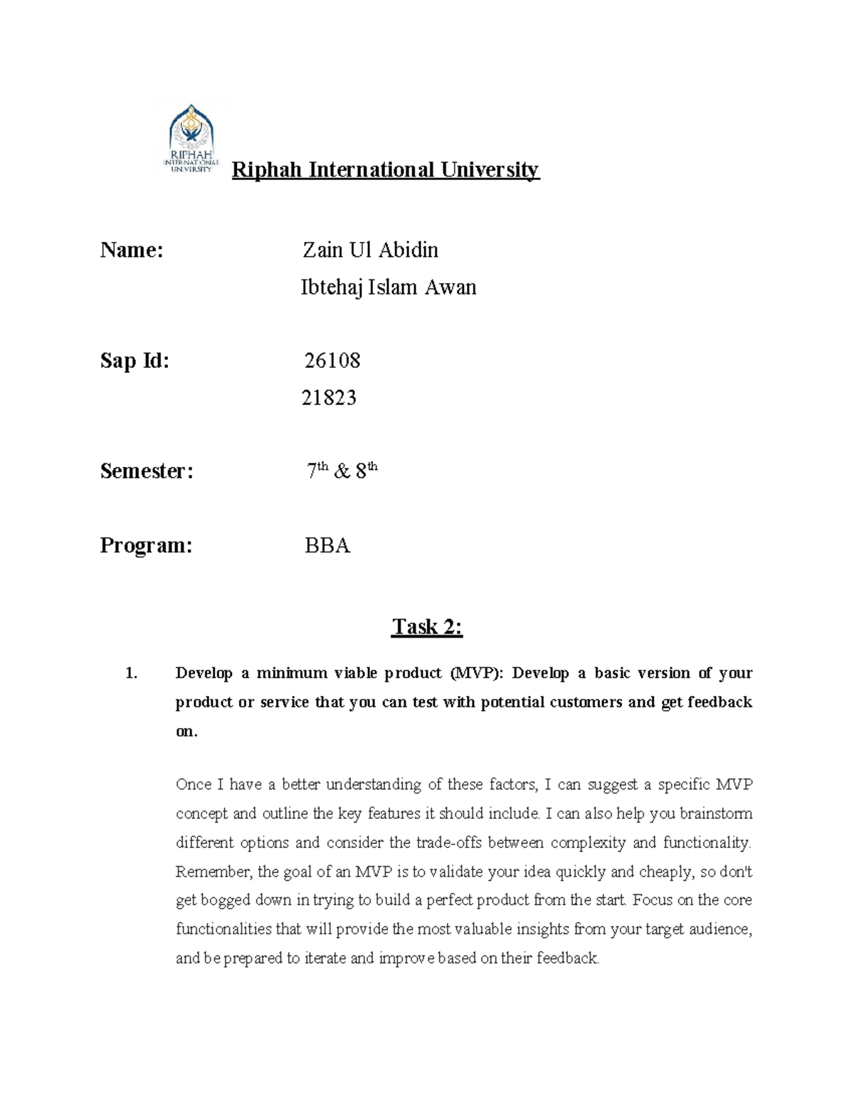 Task 2 Complete Detail Riphah International University Name Zain Ul Abidin Ibtehaj Islam