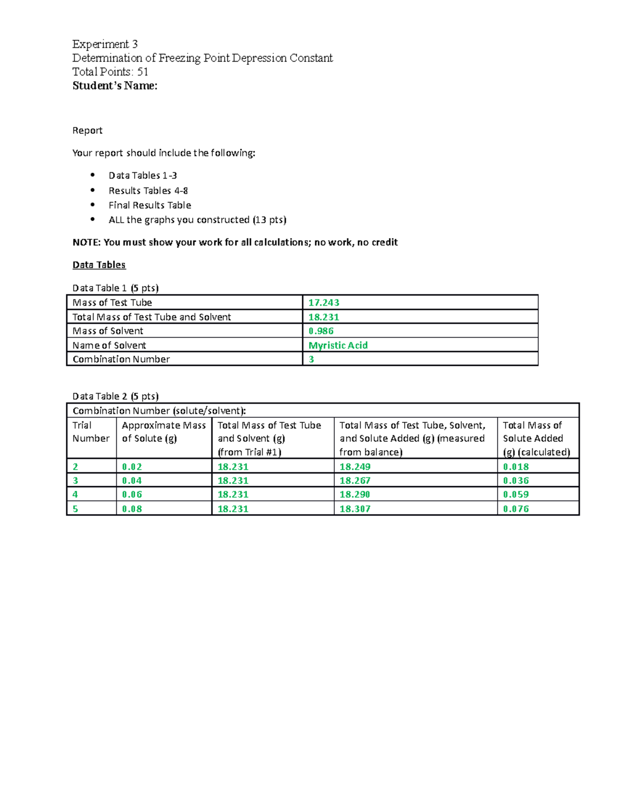 CHEM 110L - Experiment 3 Freezing Point Depression - Determination of ...