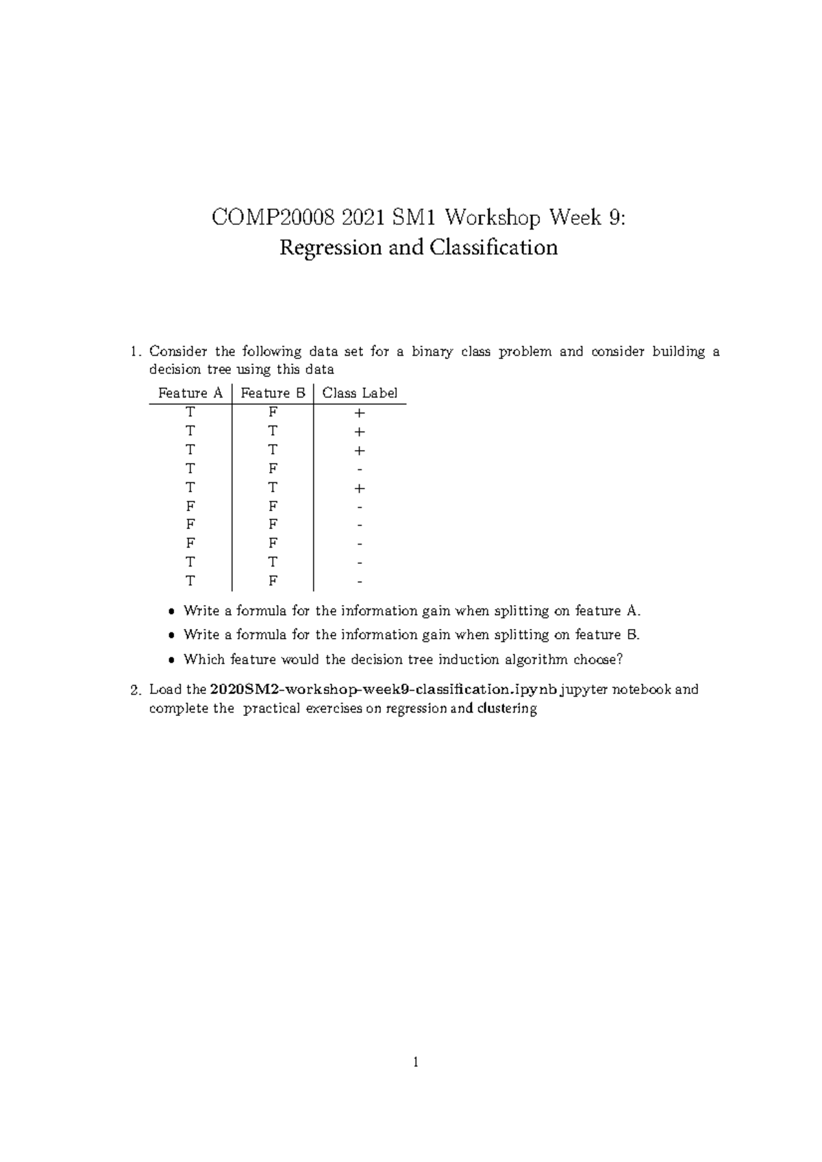 2021SM1 workshop week9 Classification And Regreesion - COMP20008 2021 SM 1 Workshop Week 9 ...