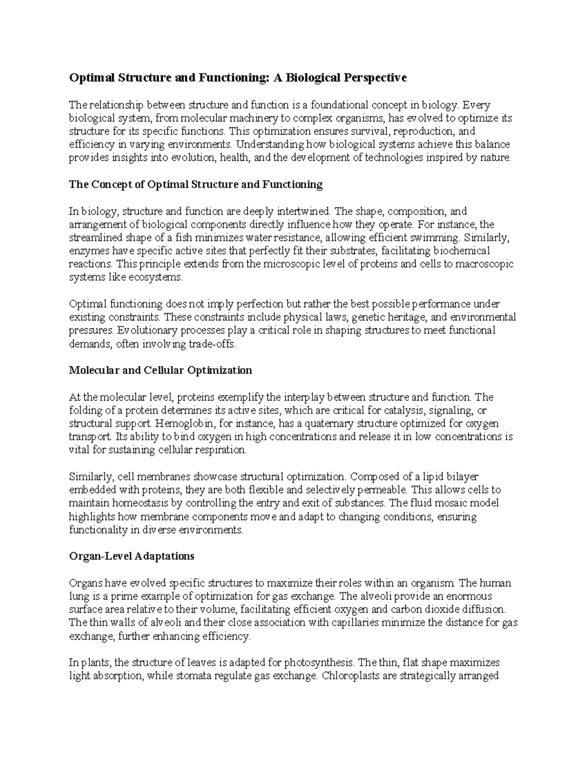 Biology - Optimal Structure and Function - Optimal Structure and ...