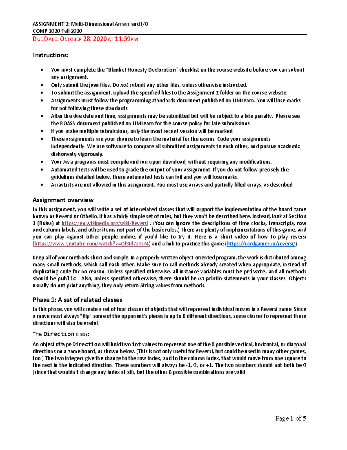 COMP1020 Assignment - COMP 1020 Fall 2020 DUE DATE: OCTOBER 28, 2020 AT 11:59PM Instructions ...