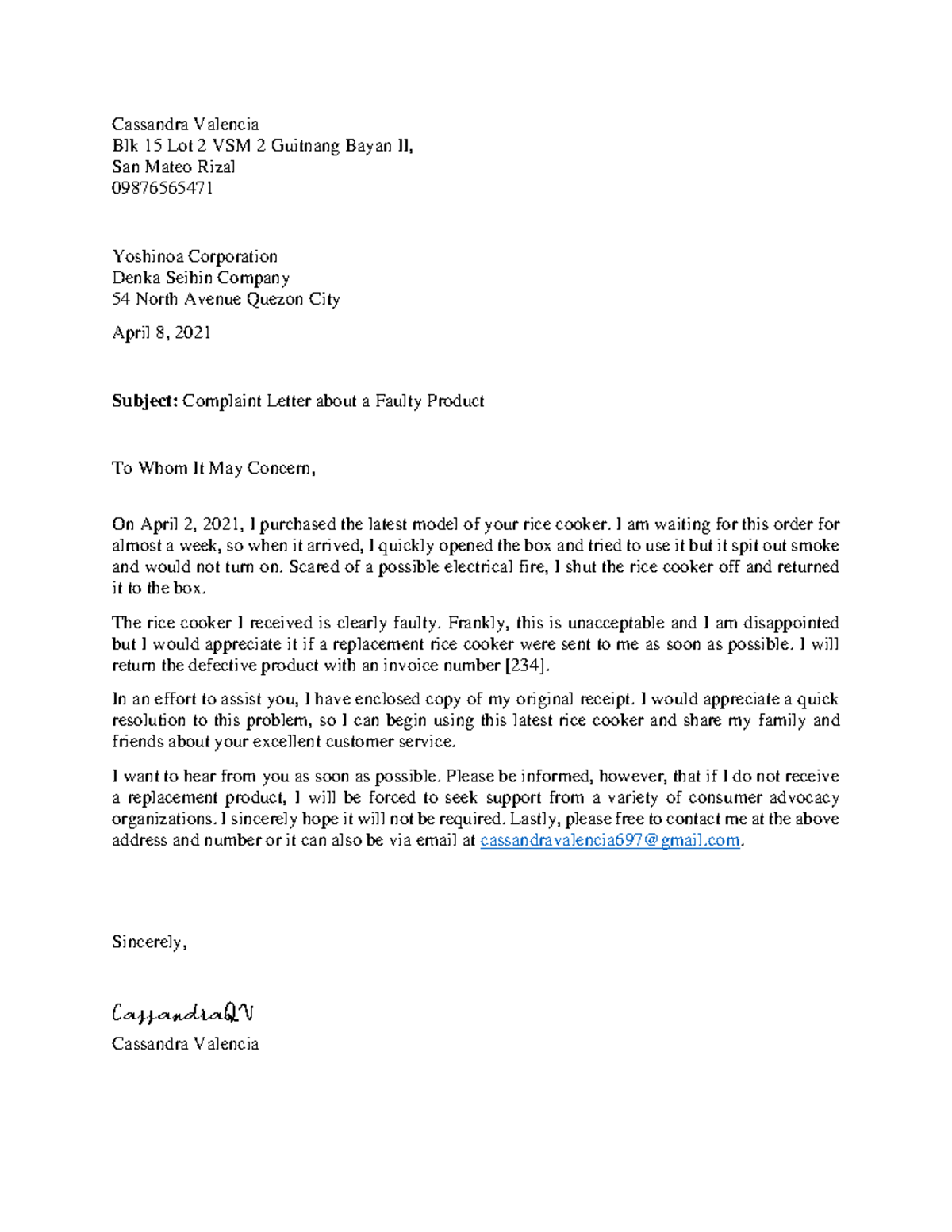 COMPLAINT LETTER - Cassandra Valencia Blk 15 Lot 2 VSM 2 Guitnang Bayan ...
