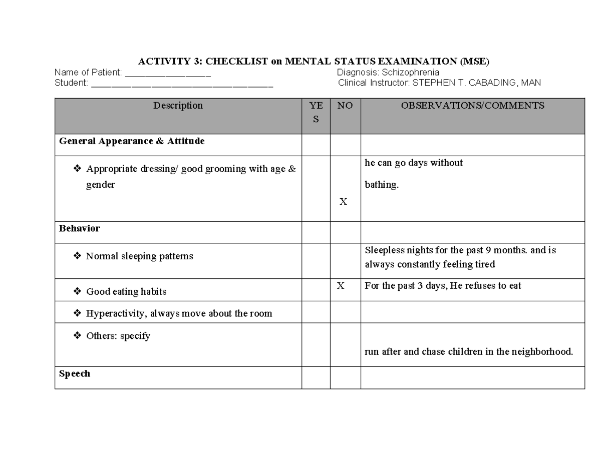 4. Mental Status Examination (MSE) - ACTIVITY 3: CHECKLIST on MENTAL ...