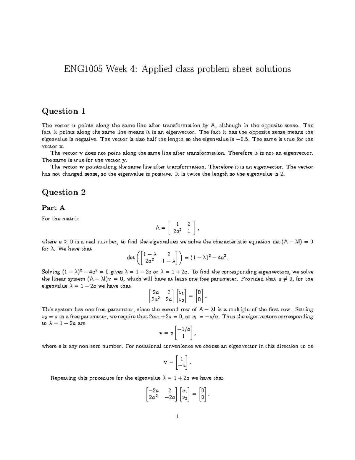 Eigenvalues and Eigenvectors (solutions) - ENG1005 Week 4: Applied class problem sheet solutions ...