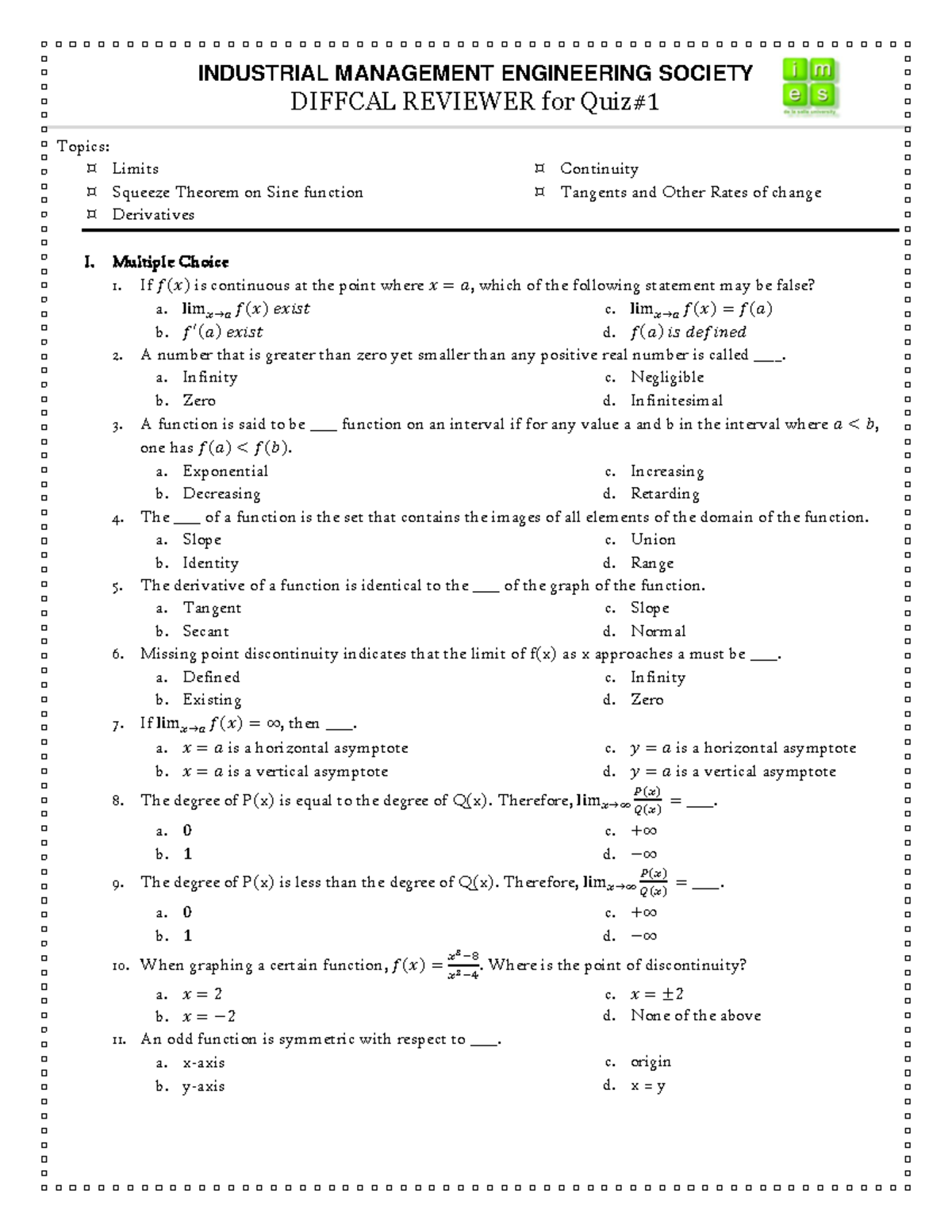 Diffcal Q1Engineering refresher calculus training quiz - DIFFCAL REVIEWER for Quiz# 1 Topics ...