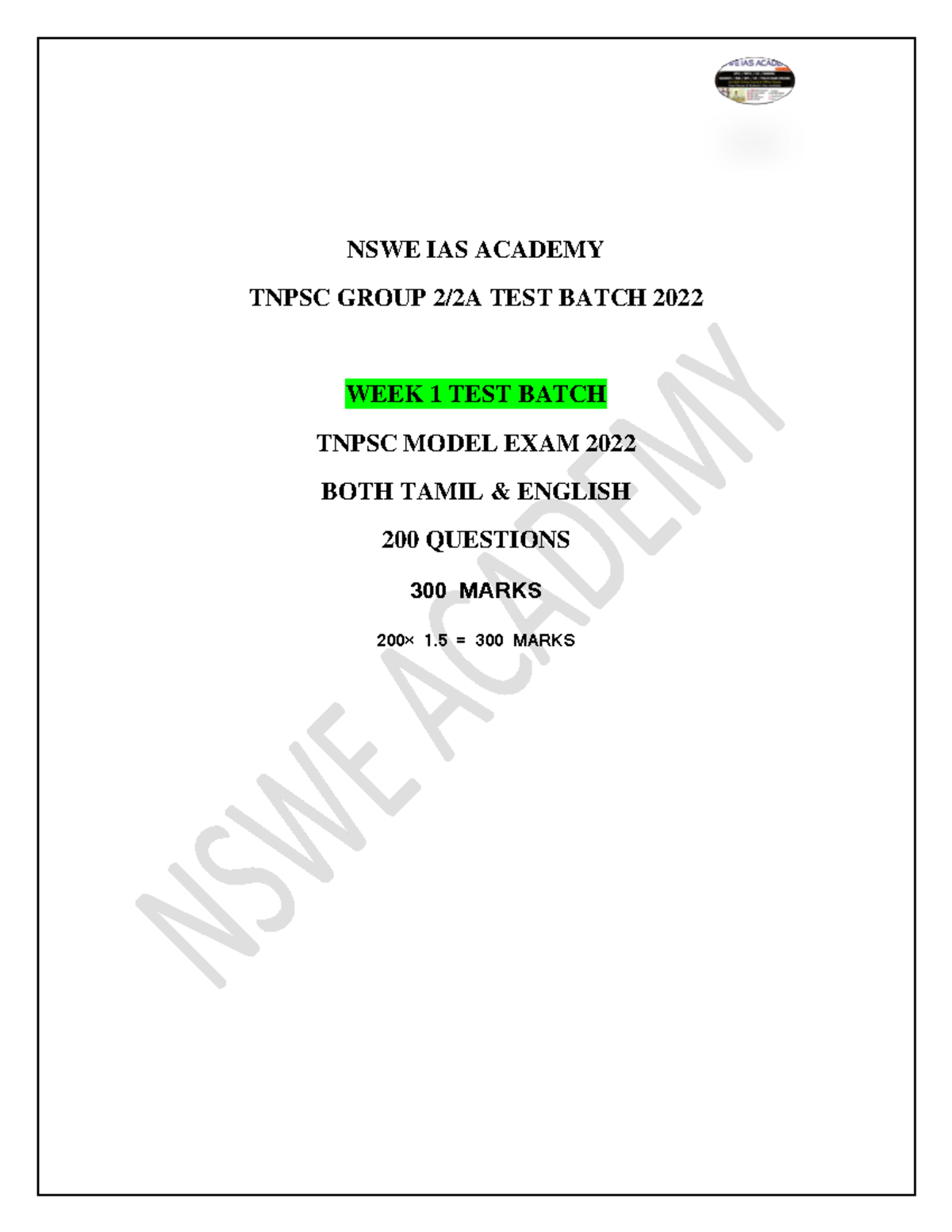 Answer key - NSWE IAS ACADEMY TNPSC GROUP 2/2A TEST BATCH 2022 WEEK 1 ...