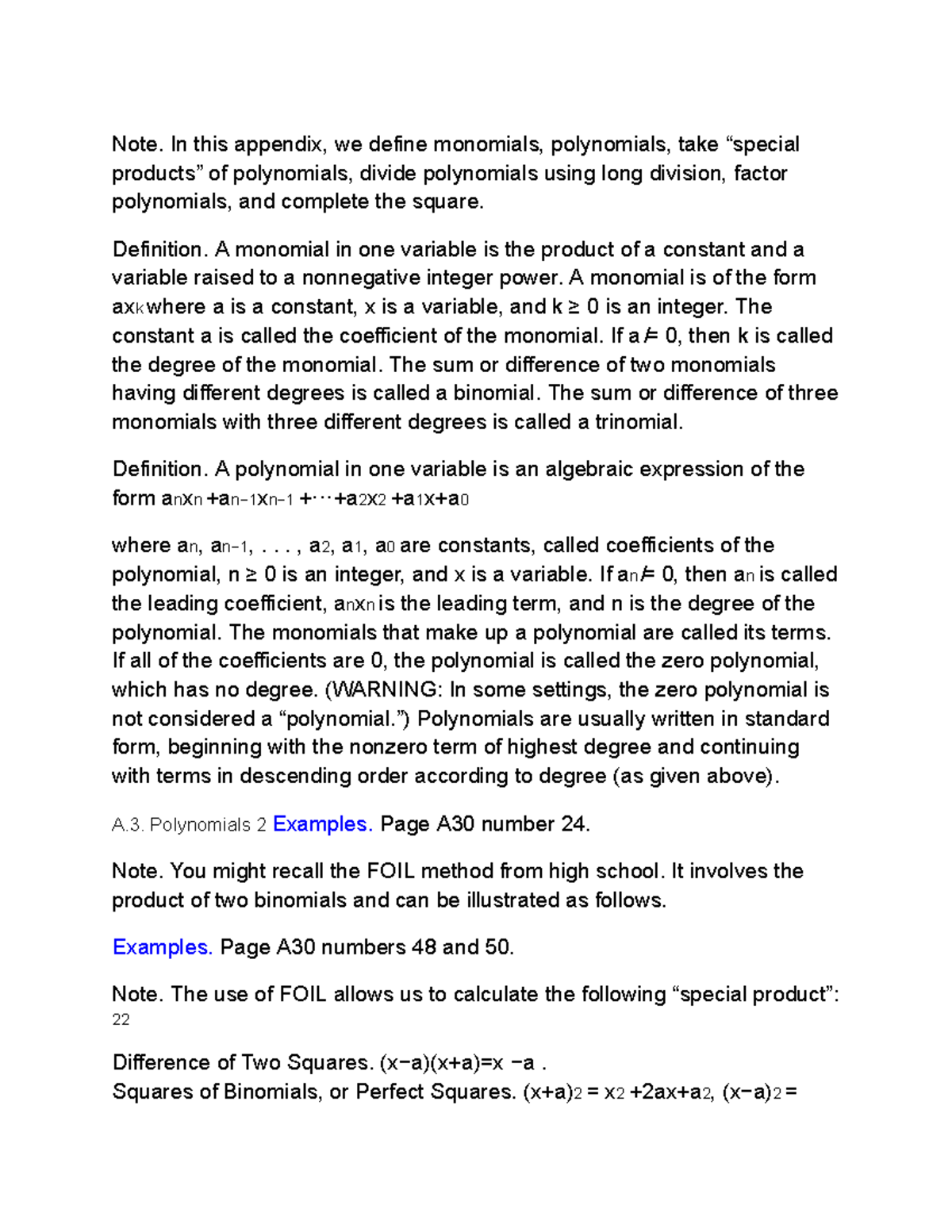 Note - pre calc notes - Note. In this appendix, we define monomials ...