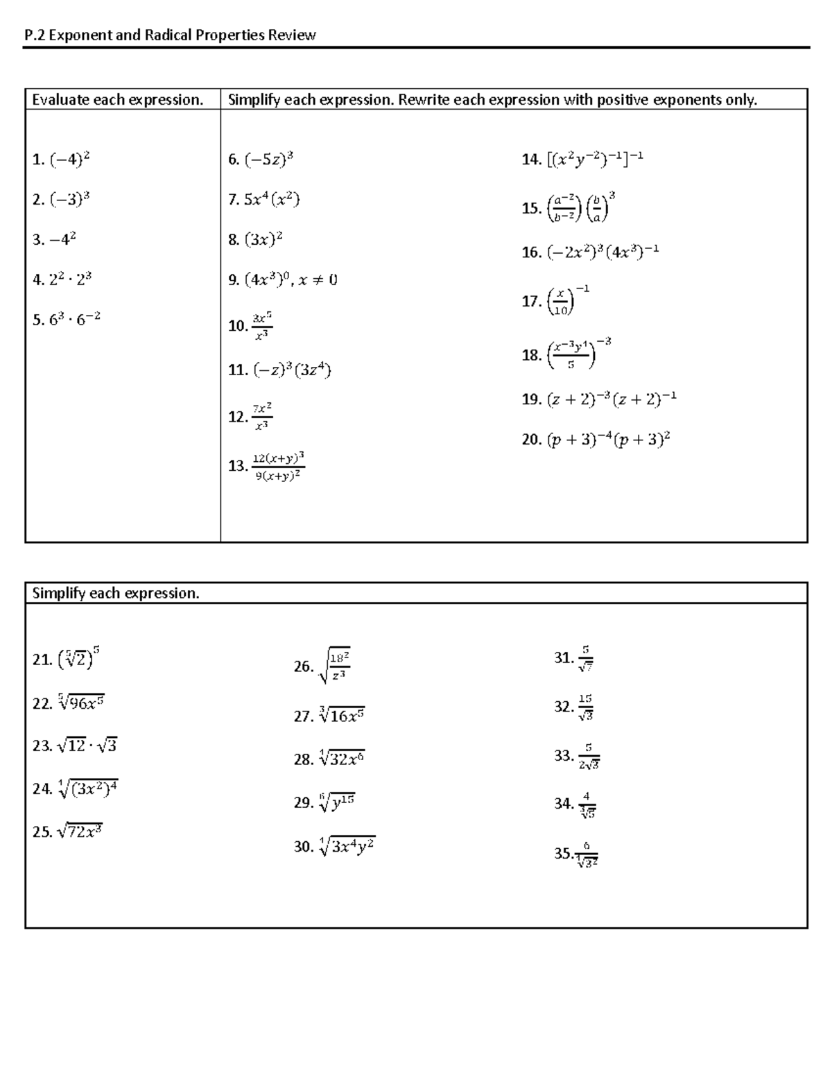 P.2 HW - P Exponent and Radical Properties Review Evaluate each ...