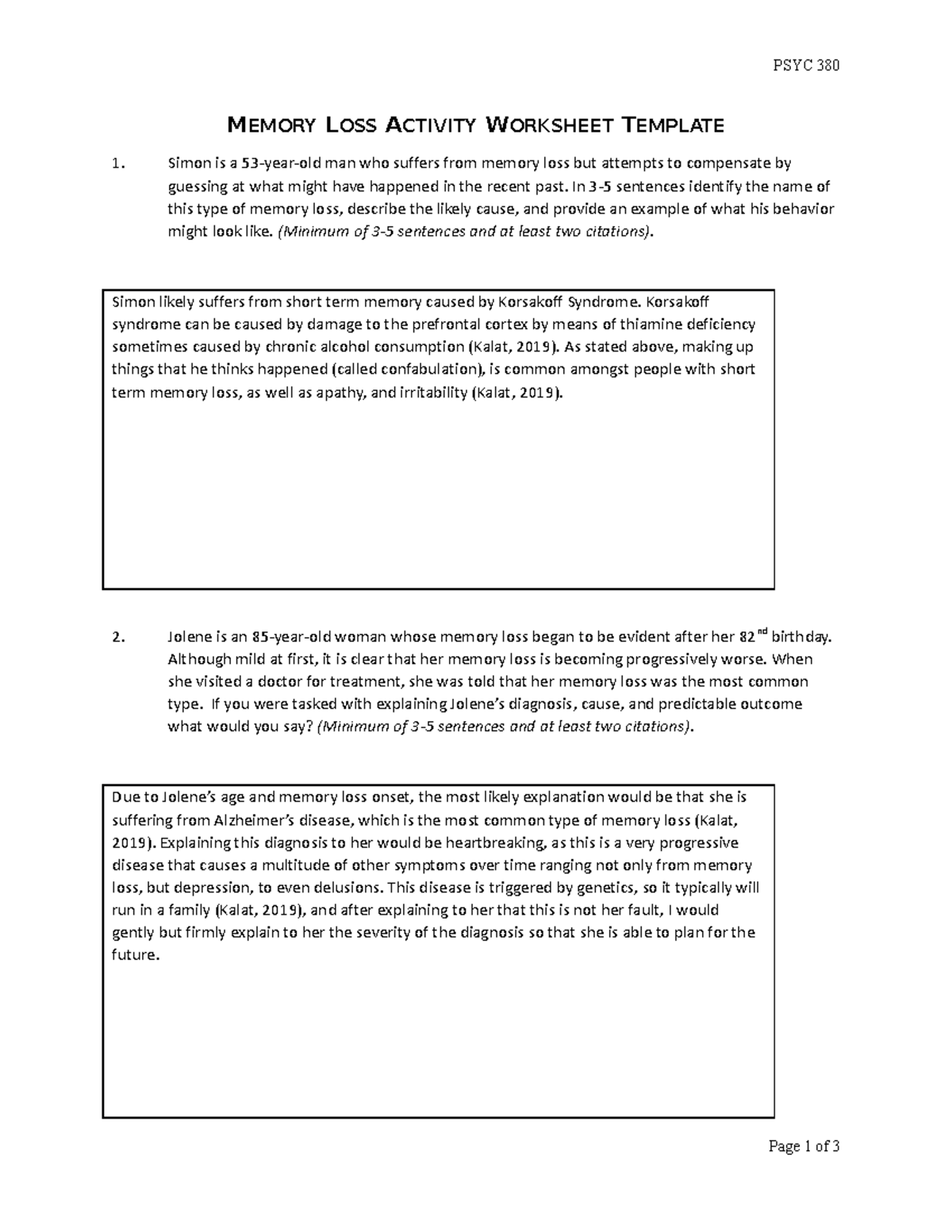 Memory Loss Activity Worksheet Template - PSYC 380 MEMORY LOSS ACTIVITY ...