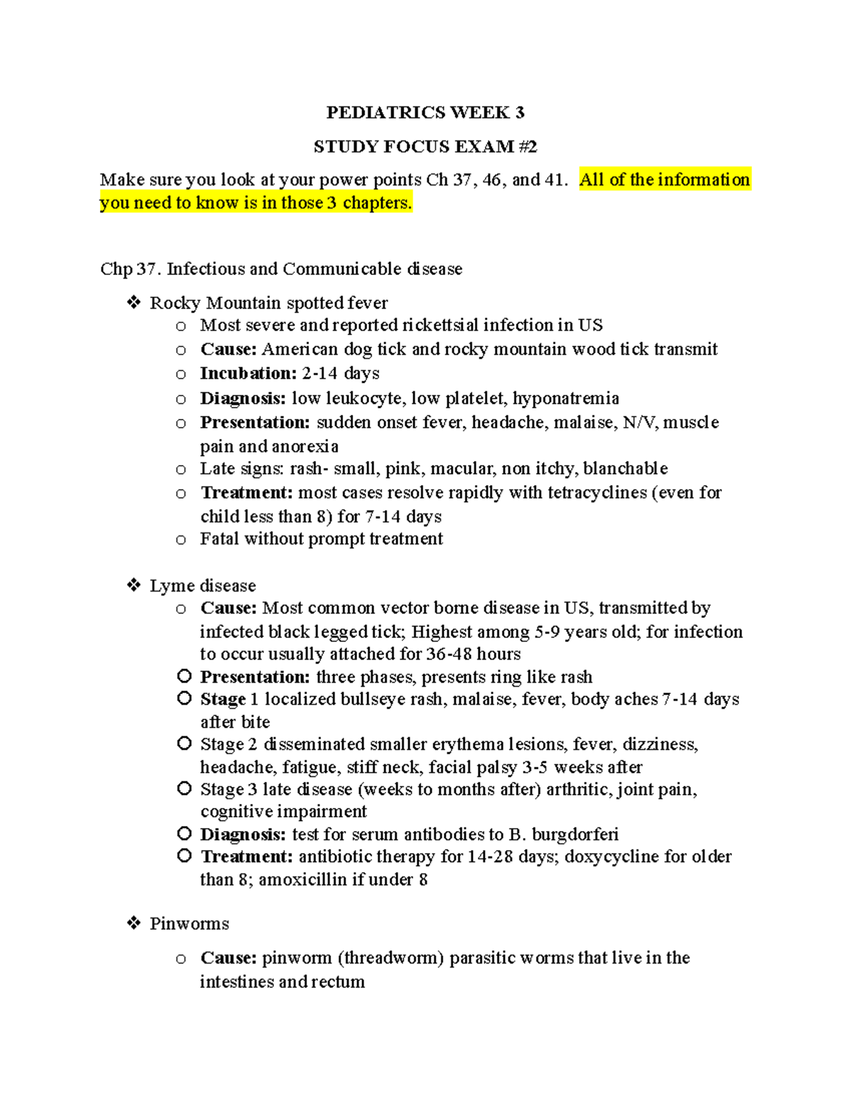 Pediatrics WEEK 3 Exam #2 focus point - PEDIATRICS WEEK 3 STUDY FOCUS ...