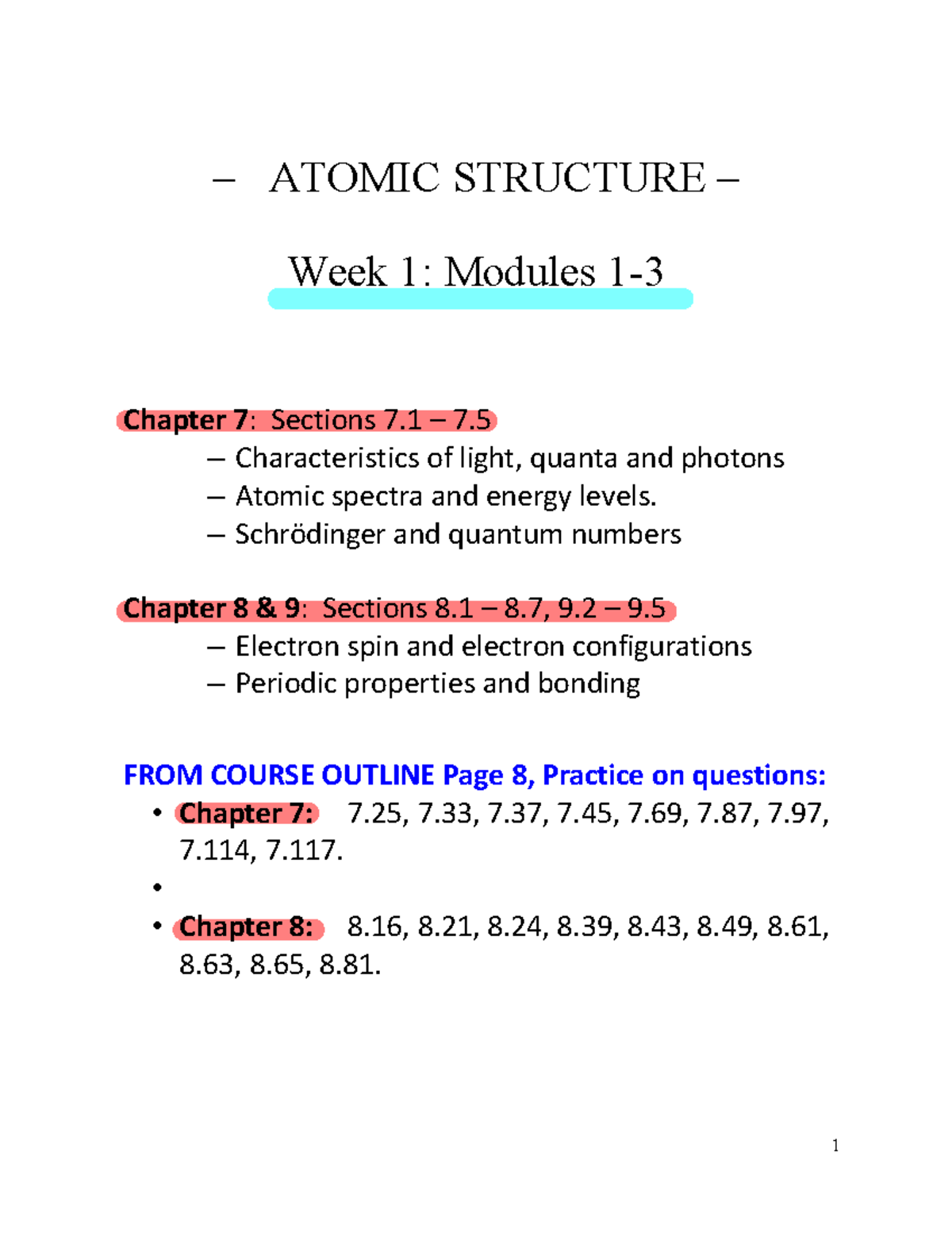 1. Atomic structure Modules 1-3 - ATOMIC STRUCTURE – Week 1: Modules 1 ...