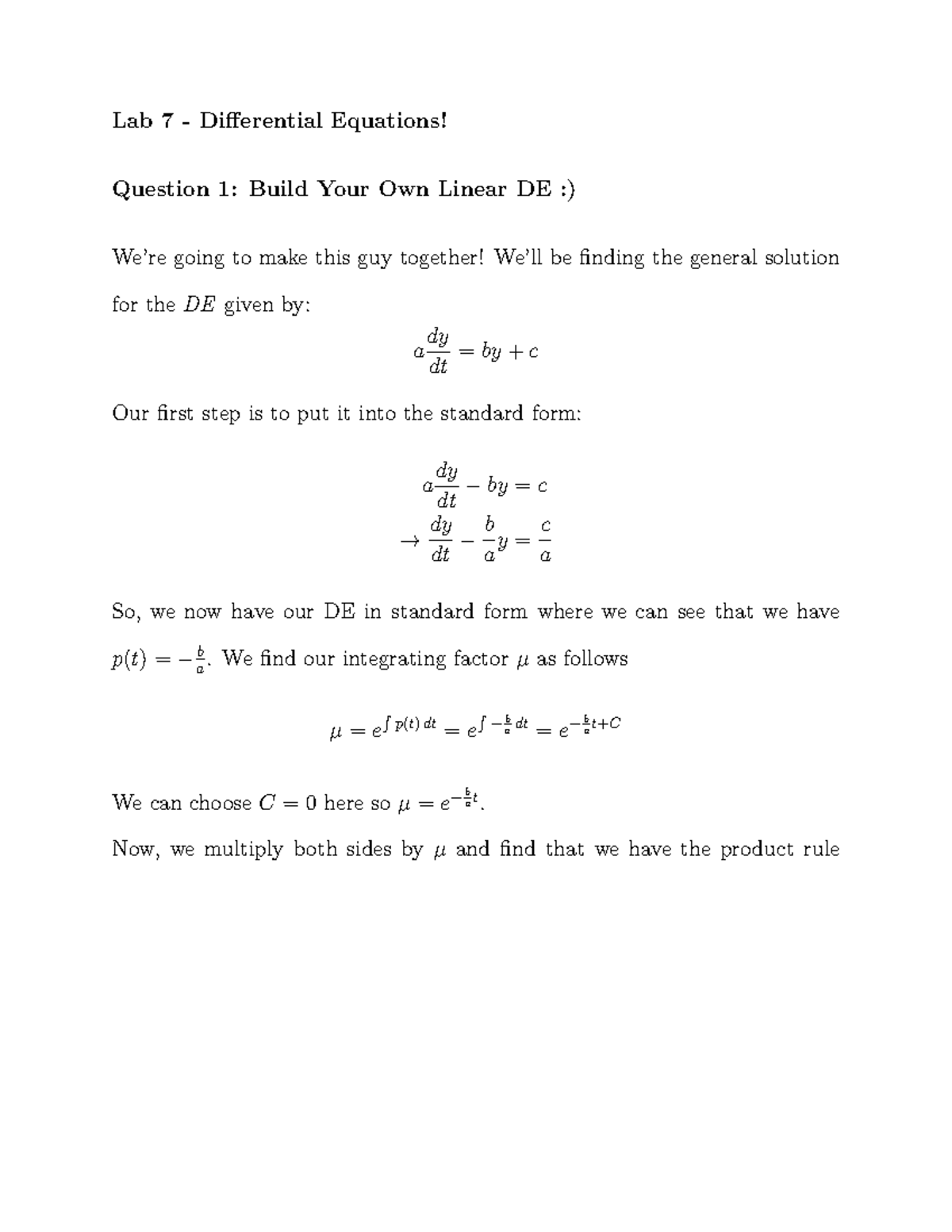 Lab 7 - Lab 7 - Lab 7 - Differential Equations! Question 1: Build Your ...