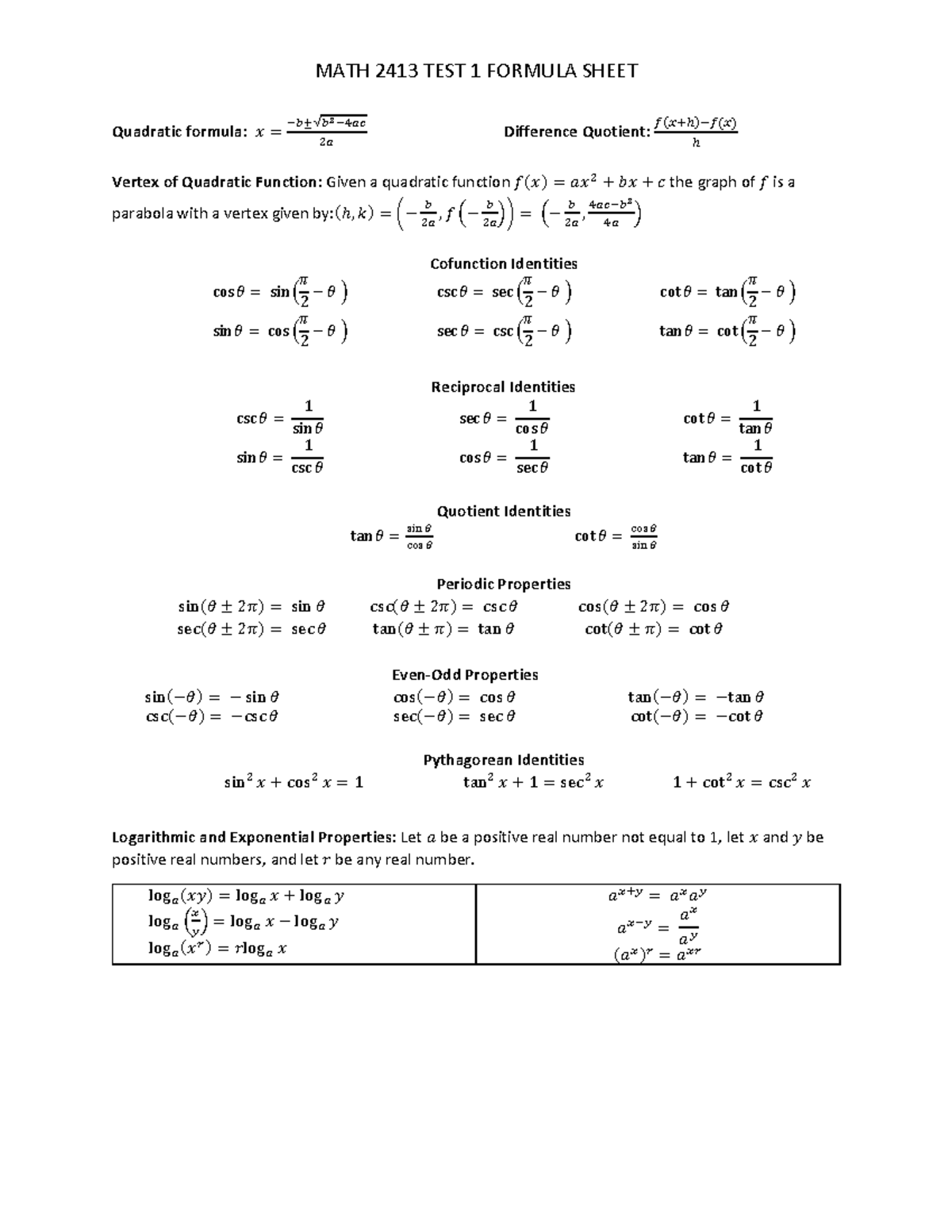 MATH 2413 Test 1 Formula Sheet - MATH 2413 TEST 1 FORMULA SHEET ...