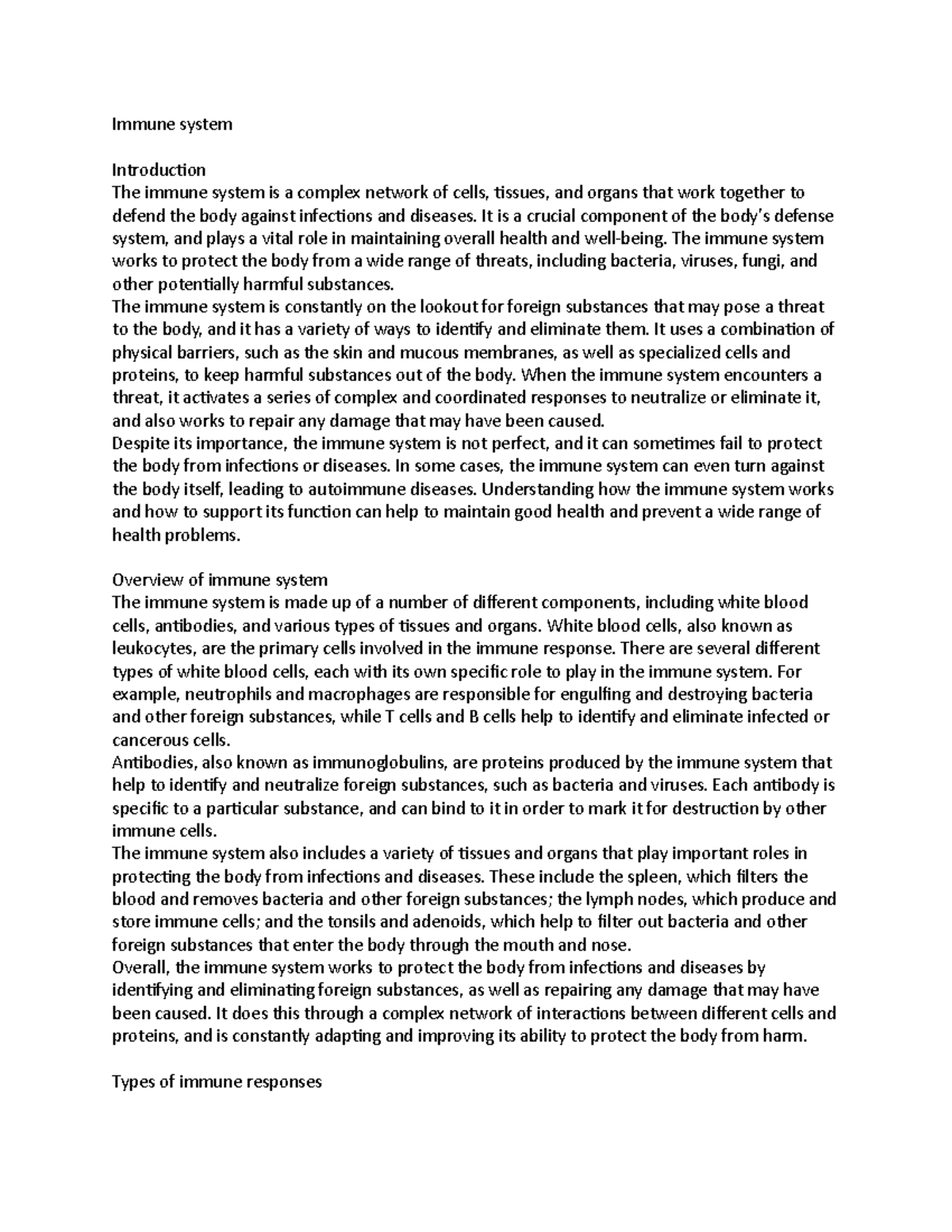 The immune Systems notes - Immune system Introduction The immune system ...