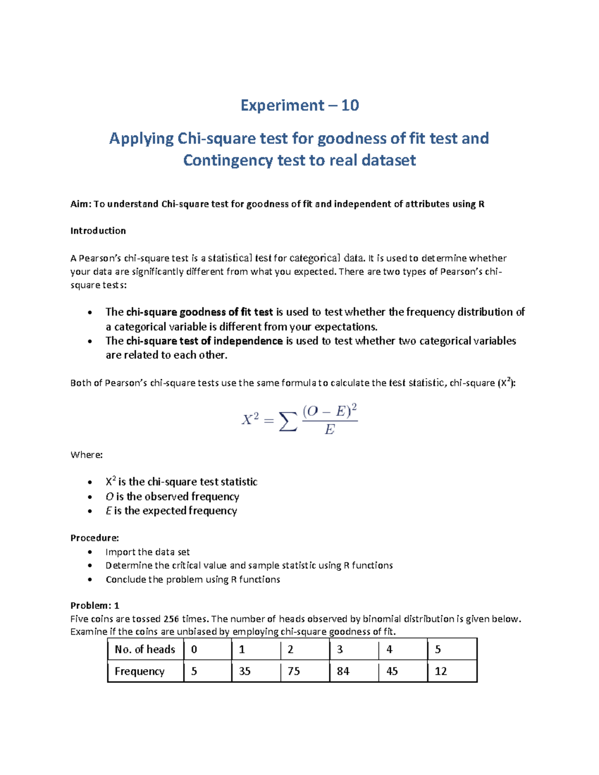 Experiment-10 - Experiment 1 - Experiment – 10 Applying Chi-square test ...