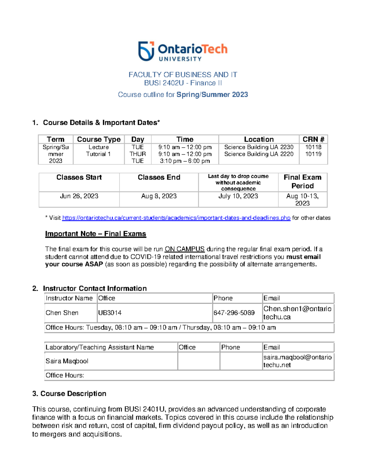 BUSI 2402U - Finance II - ... - FACULTY OF BUSINESS AND IT BUSI 2402U ...