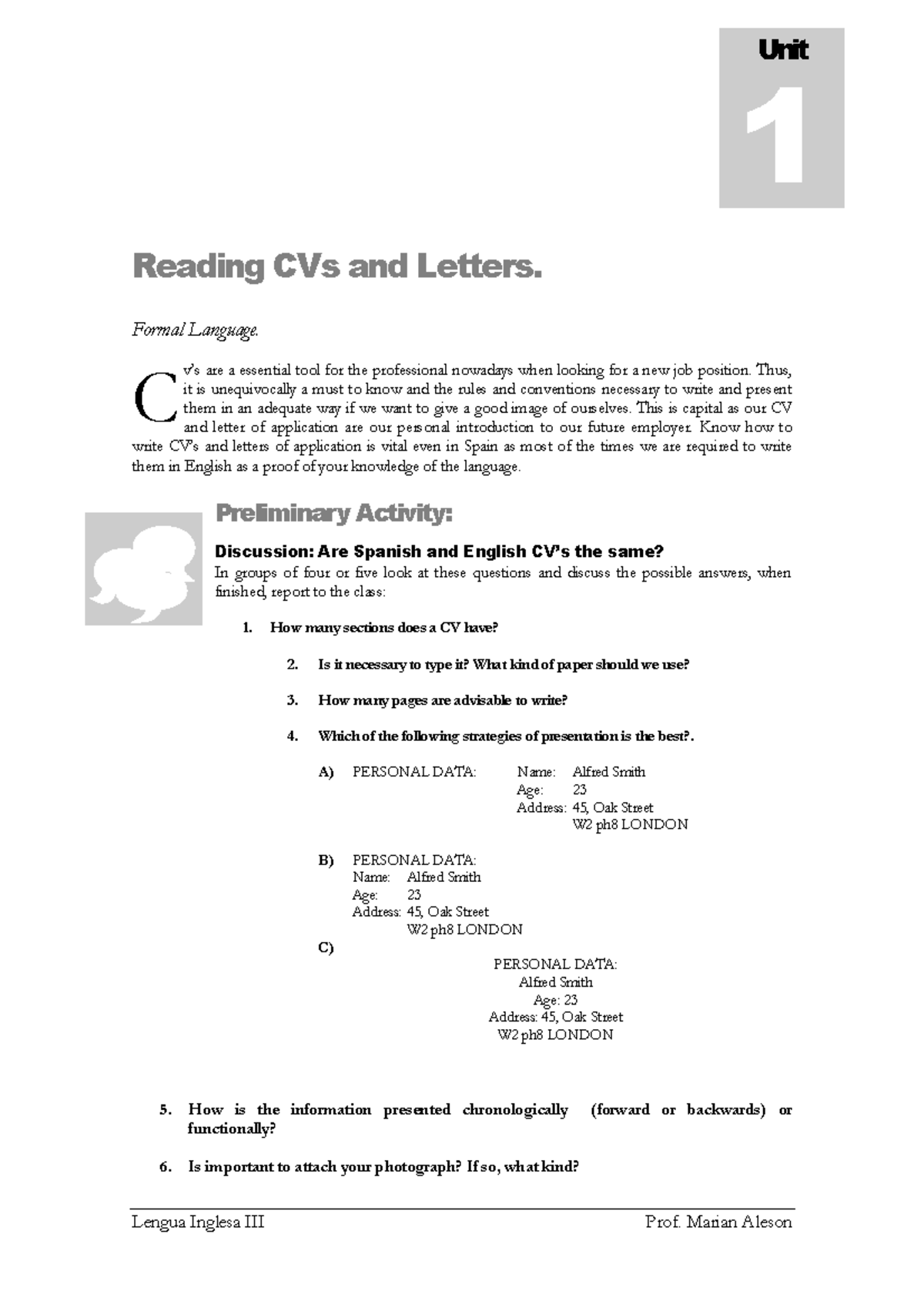 Como hacer un CV - Unit 1 Reading CVs and Letters. Formal Language. C v ...