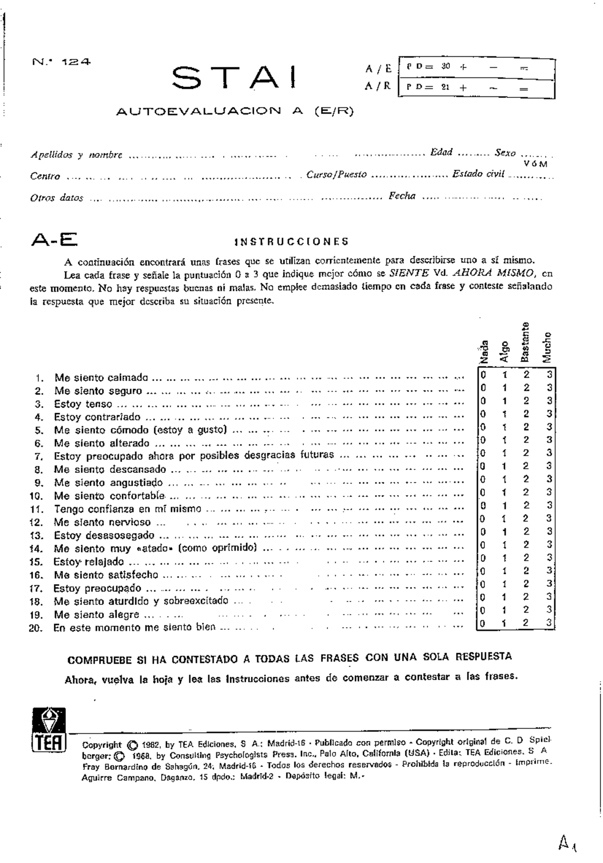 stai test de estrés - Psicologia - Studocu