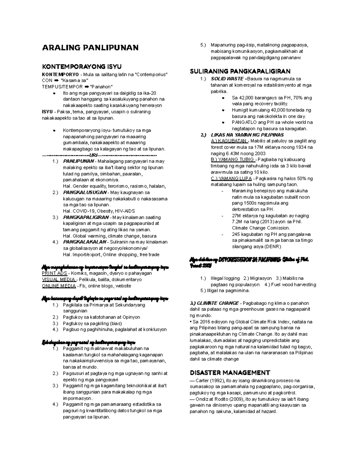 Reviewer Roror - ARALING PANLIPUNAN KONTEMPORAYONG ISYU KONTEMPORYO ...