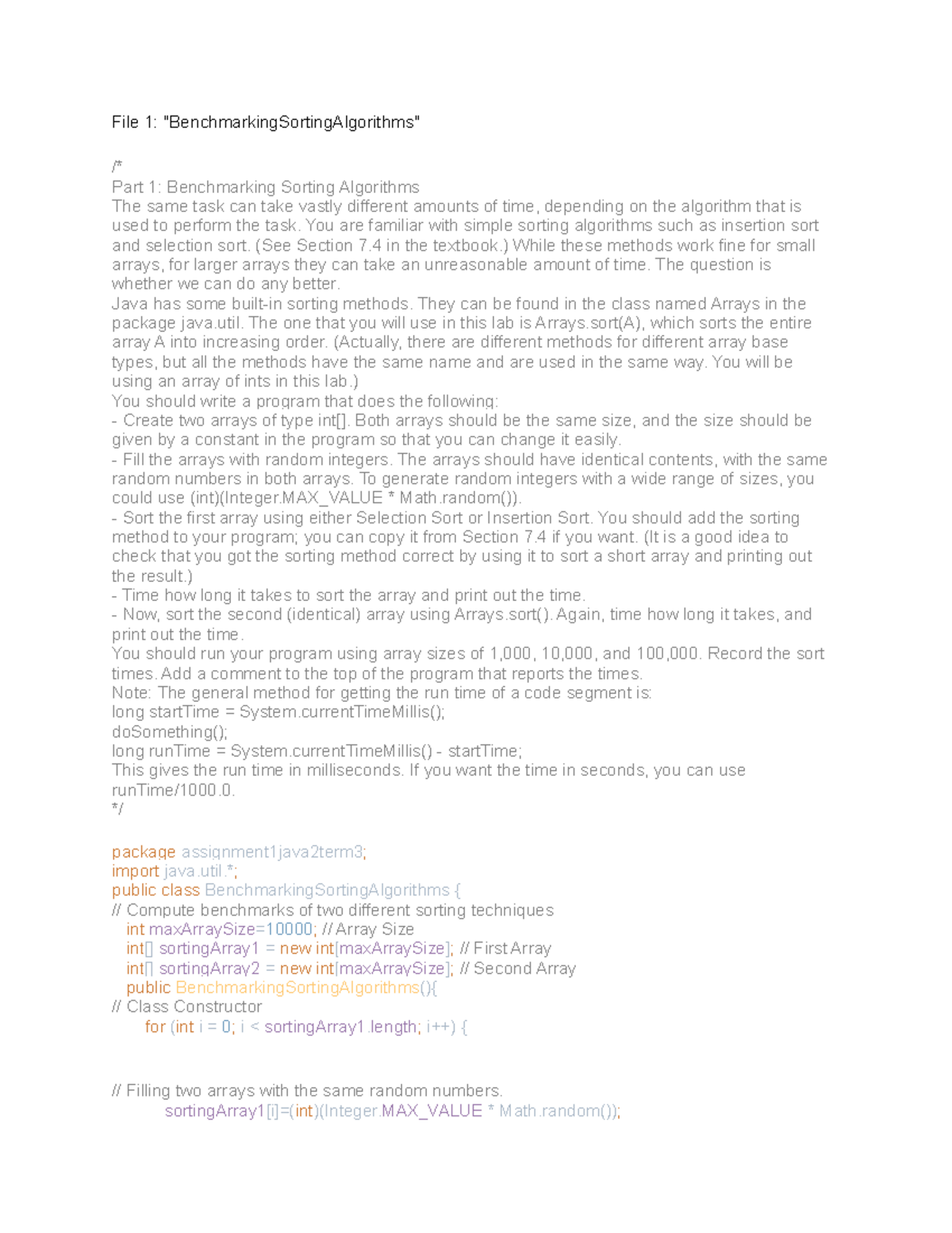 CS 1103 Assignment unit 1 - File 1: "BenchmarkingSortingAlgorithms" /* Part 1: - Studocu