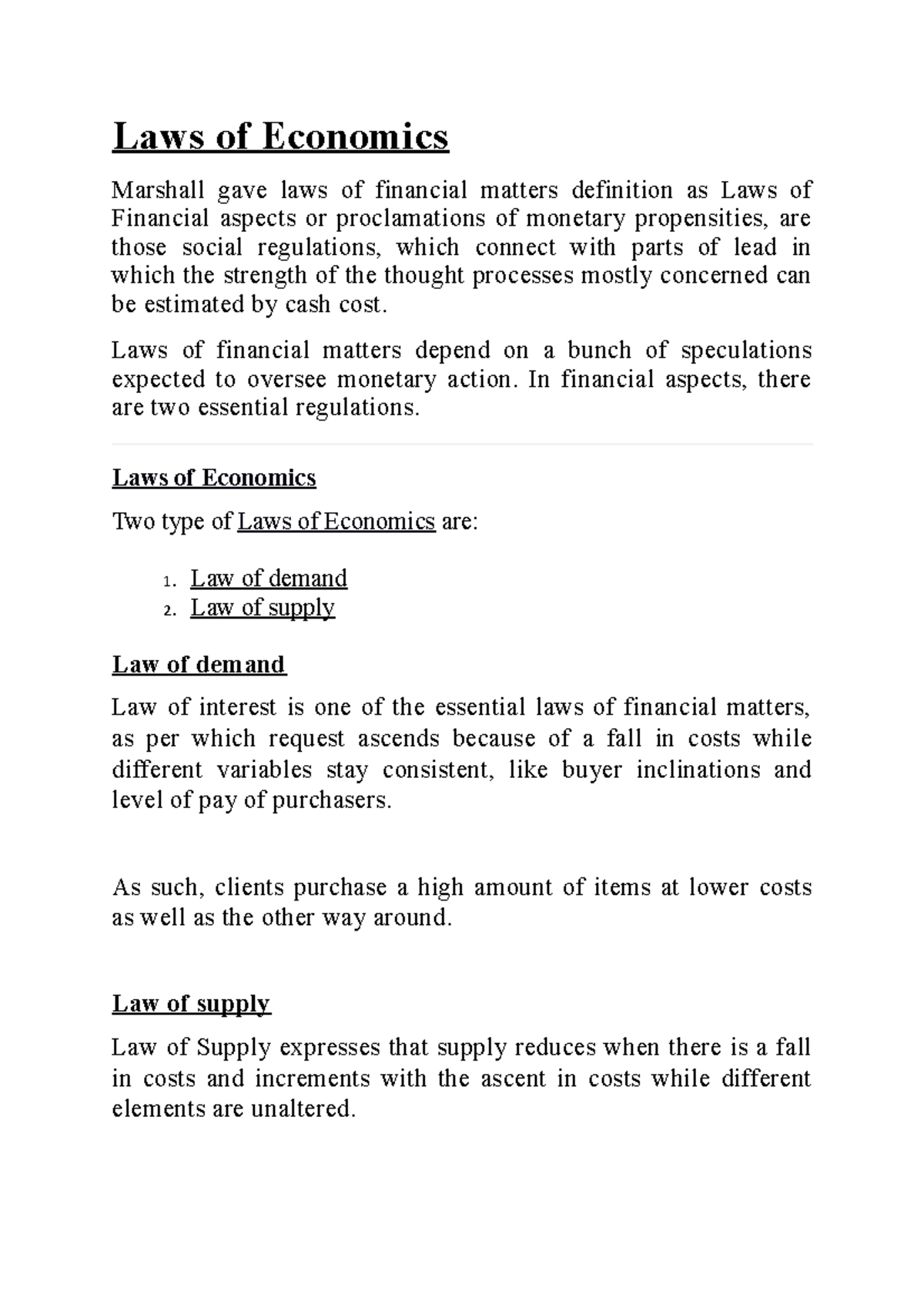 Laws of Economics - Laws of Economics Marshall gave laws of financial ...