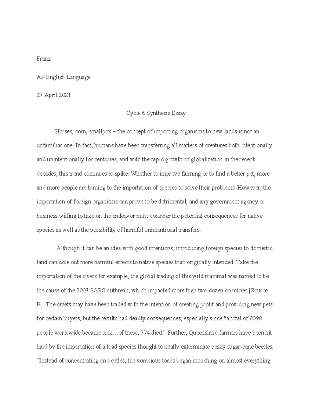 Synthesis Essay - Franz AP English Language 27 April 2021 Cycle 6 ...