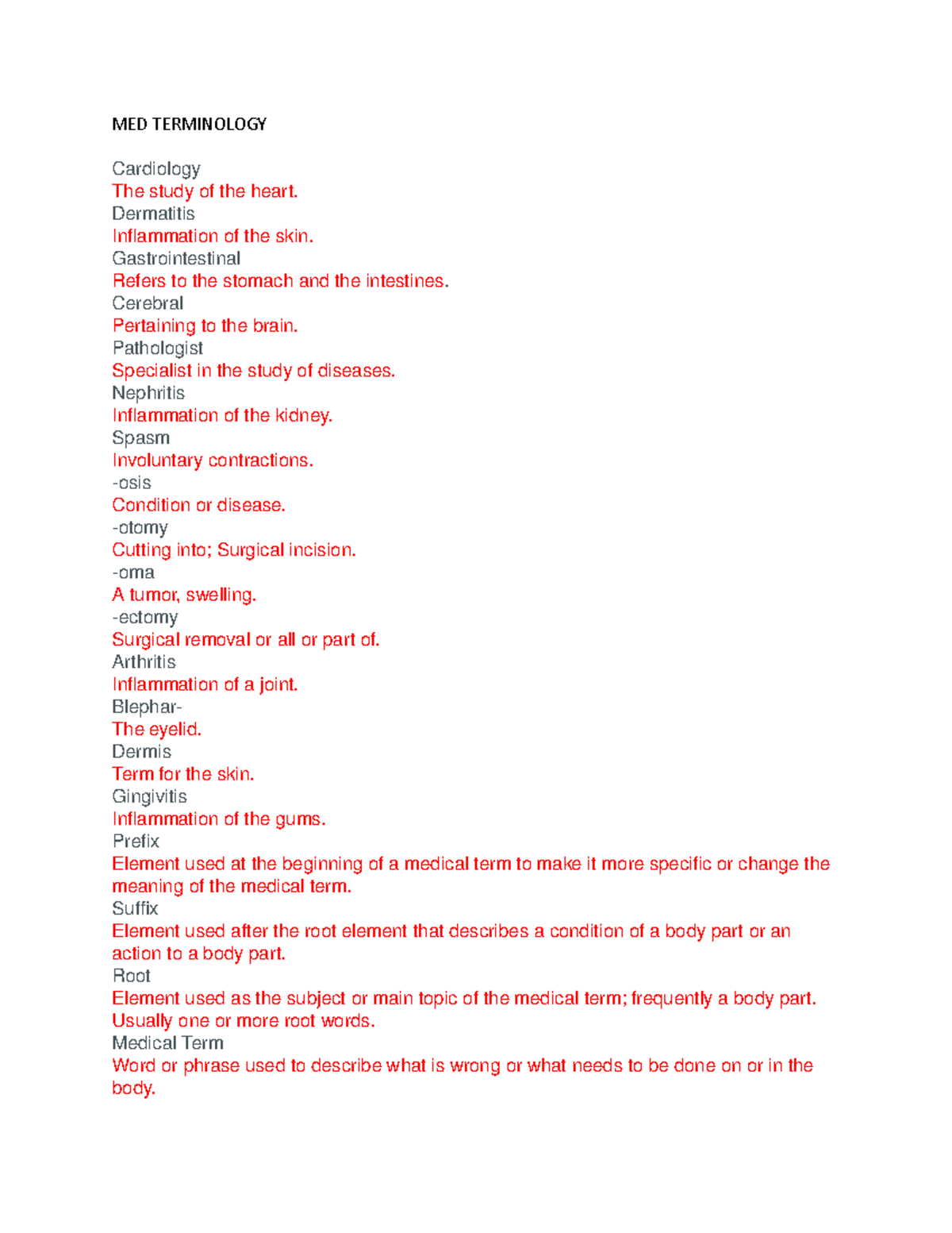 MED Terminology stu words - MED TERMINOLOGY Car di ol ogy Thes t udyoft ...