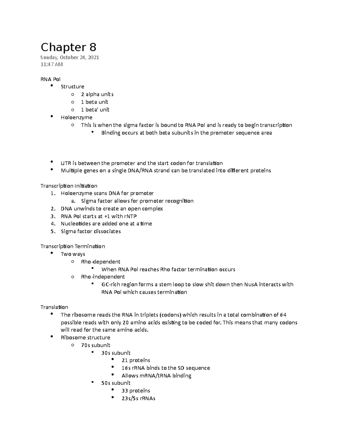 Chapters 8-10 Notes - Chapter 8 Sunday, October 24, 2021 11:47 AM RNA ...