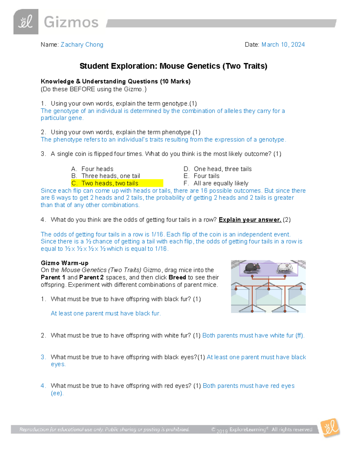 Unit 2 Assignment Mouse Genetics 2 - Name: Zachary Chong Date: March 10 ...