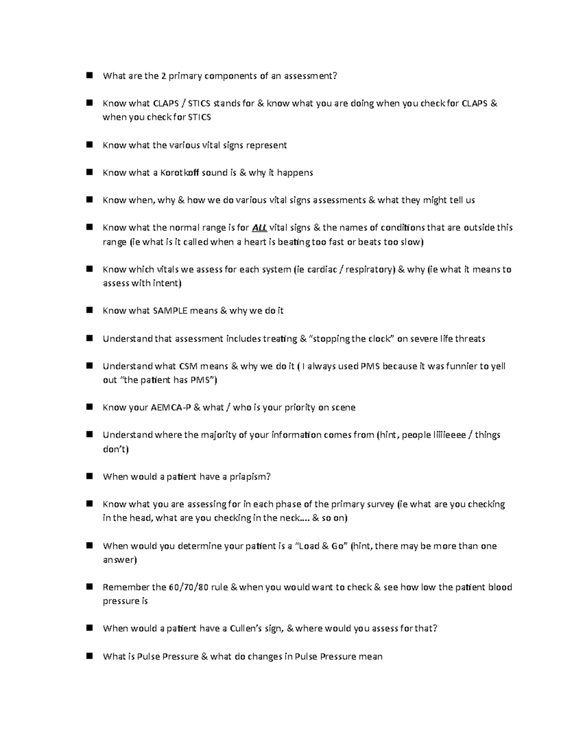 Sem 1 Patient Care Theory Patient Assessment review sheet - What are ...