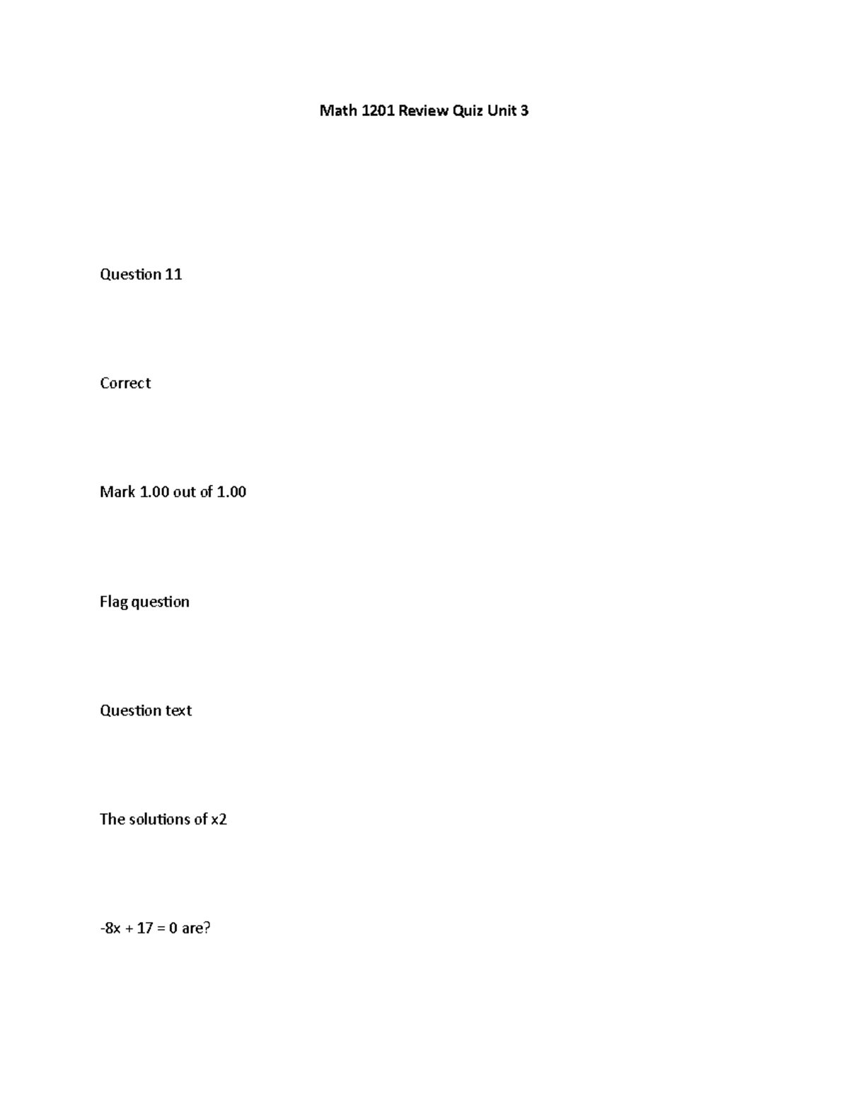 Math 1201 Algebra 2 - Math 1201 Review Quiz Unit 3 Question 11 Correct ...