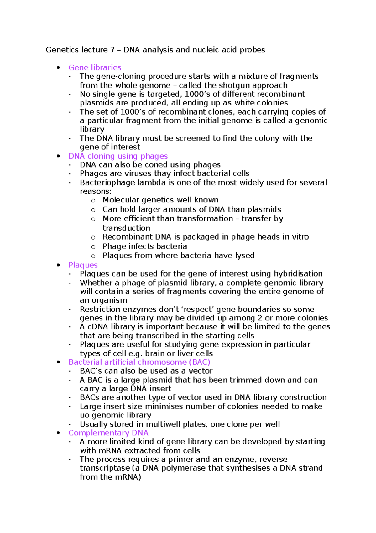Genetics lecture 7 - notes - Genetics lecture 7 – DNA analysis and ...